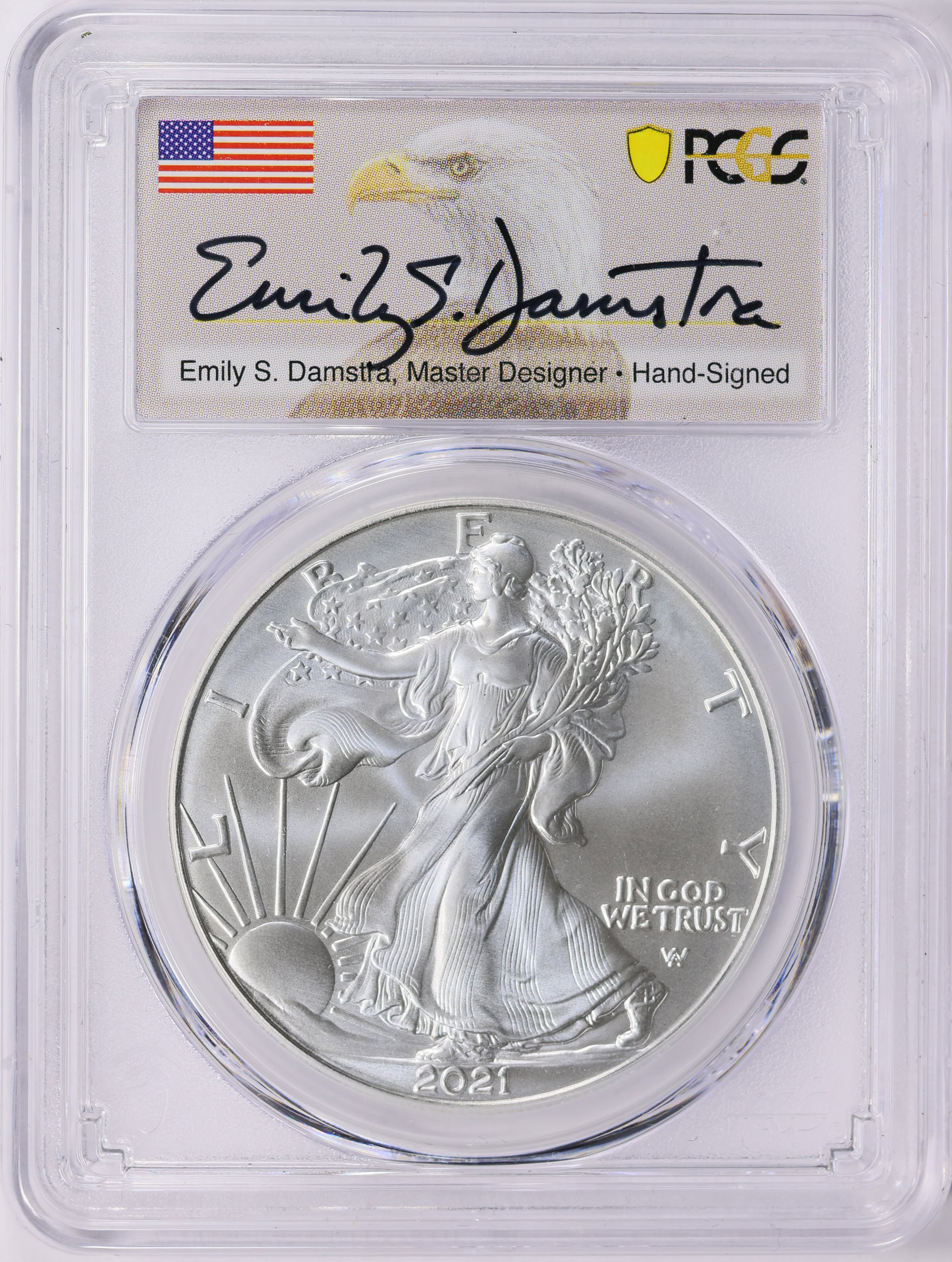 2021 $1 Silver Eagle Type 2 First Day of Production PCGS MS-70 (Emily Damstra Signed Label ...