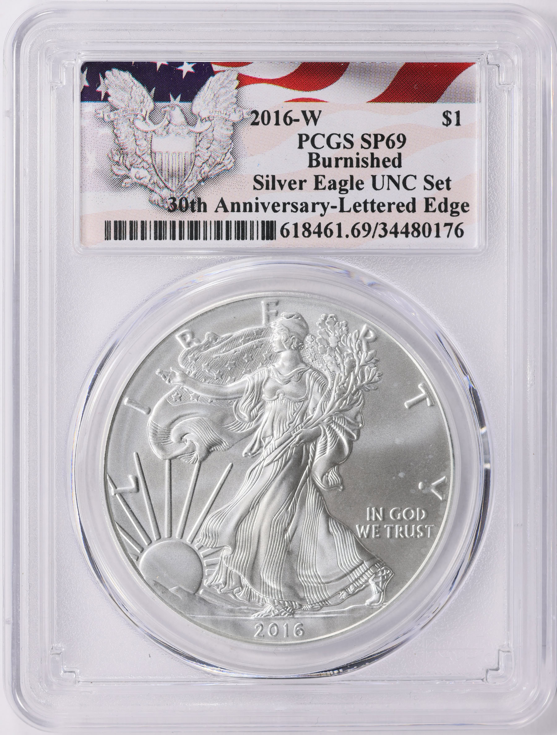 2016-W $1 Silver Eagle Burnished 30th Anniversary Lettered Edge From UNC Set PCGS SP-69 (Item ...