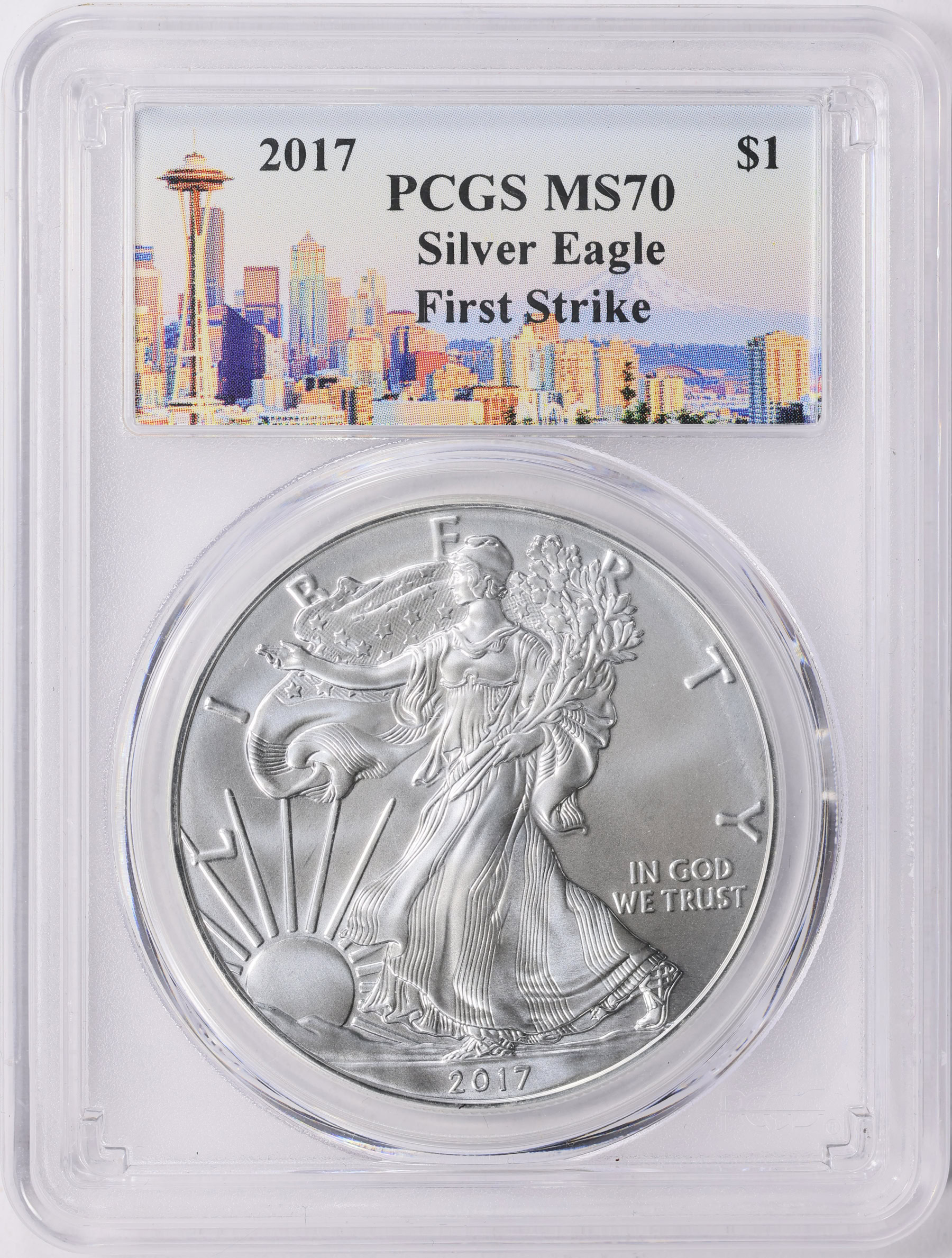 2017 $1 Silver Eagle First Strike PCGS MS-70 (Seattle Skyline Labels) (Item 1749108 ...