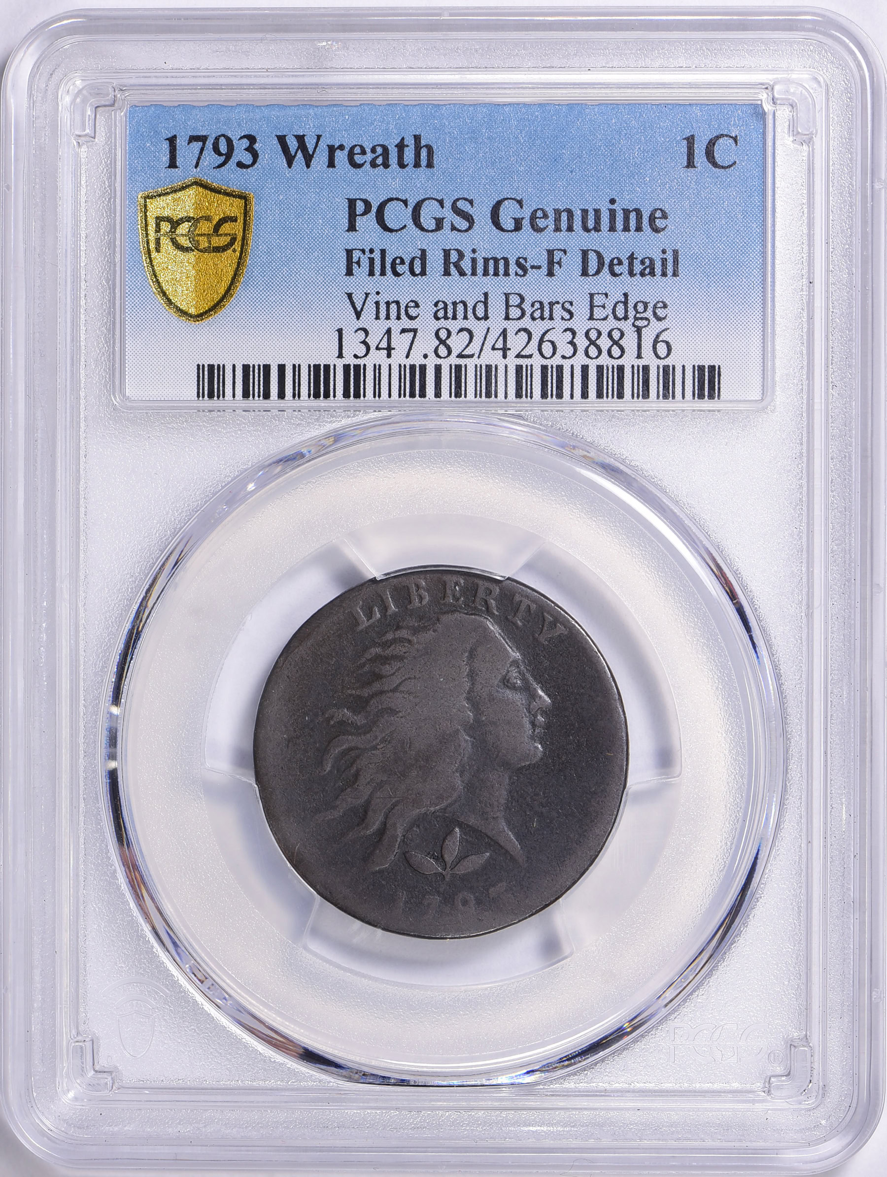 1793 Wreath Cent Vine and Bars PCGS Genuine Fine Details (Item 1749450 ...