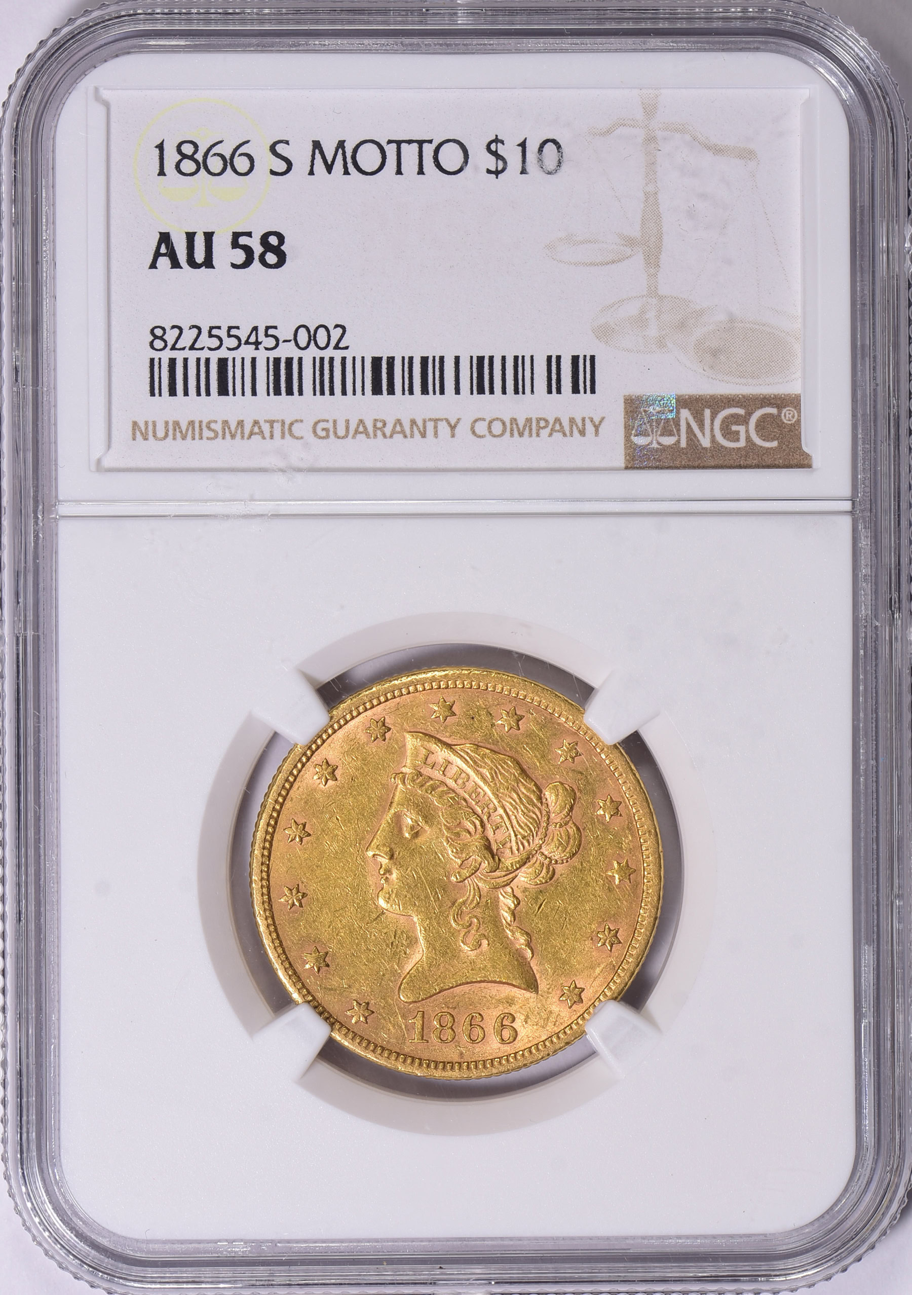 1866-S Liberty Gold Eagle Motto NGC AU-58 (Item 1749484) | GreatCollections Coin Auctions