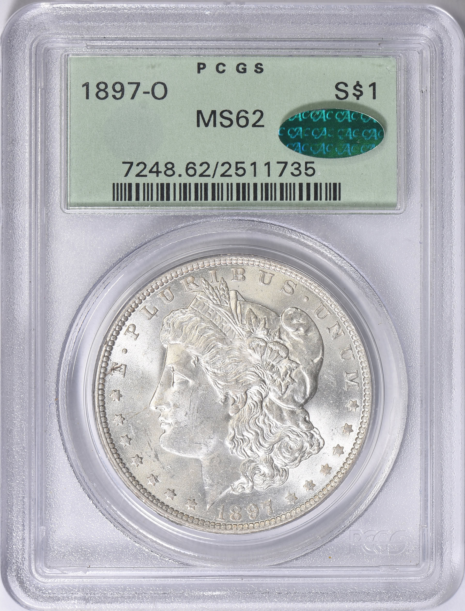1897-O Morgan Silver Dollar PCGS MS-62 (CAC Green) OGH (Item 1749617) | GreatCollections Coin ...