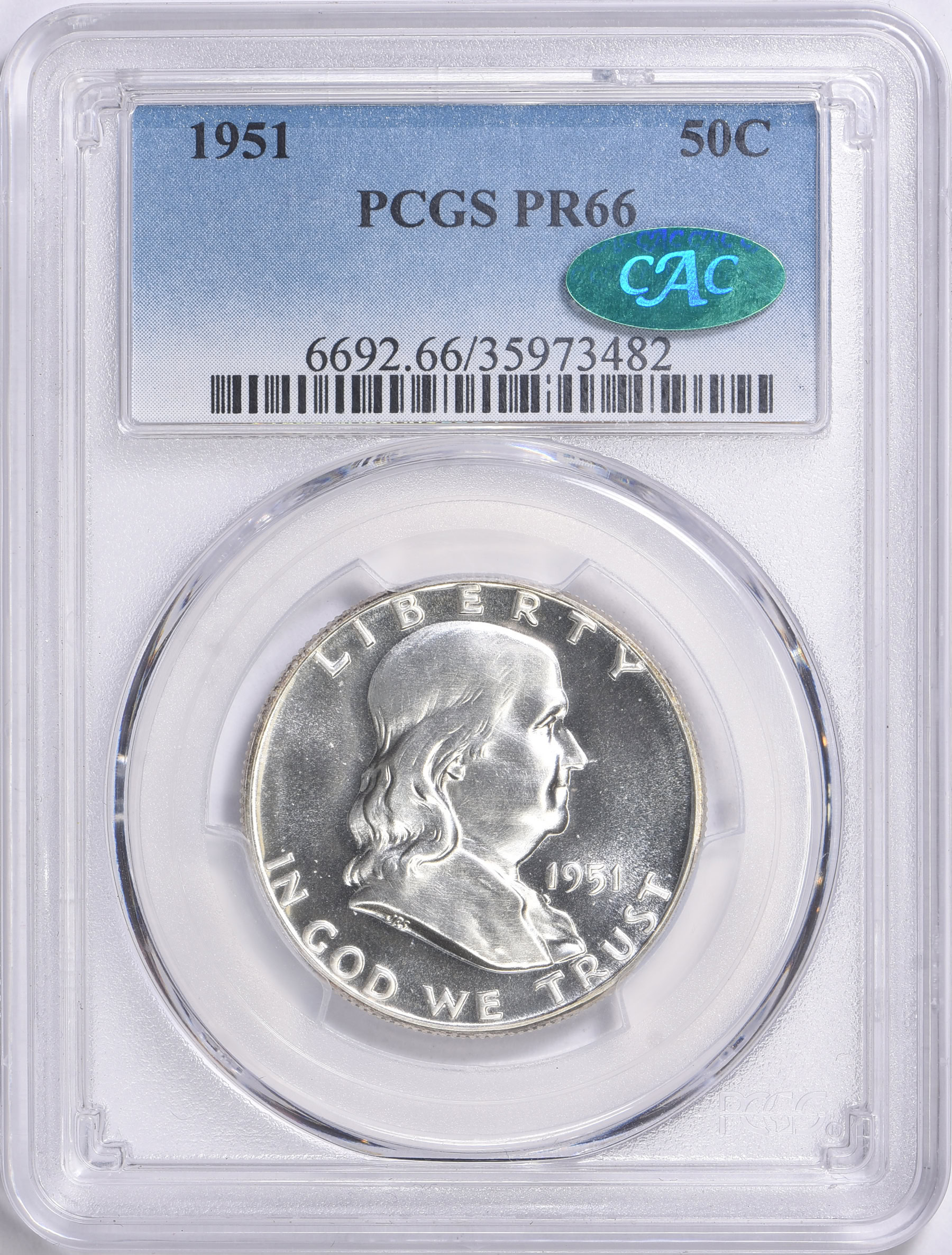 1951 Franklin Half Dollar PCGS Proof-66 (CAC Green) (Item 1749630) | GreatCollections Coin Auctions