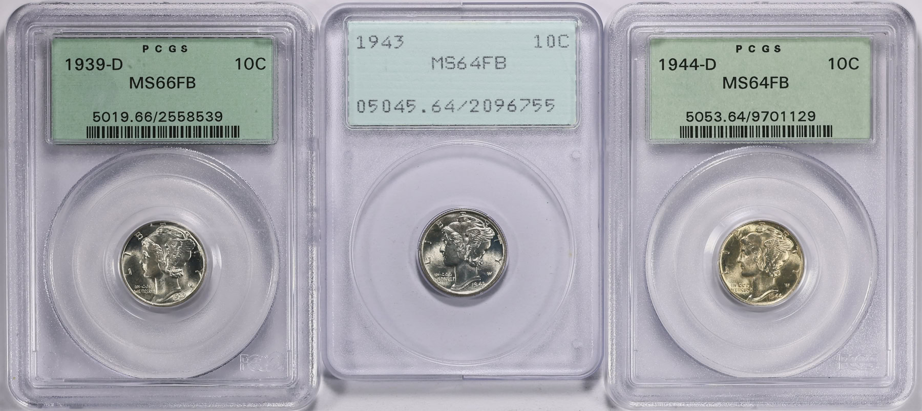 1939-D, 1943 and 1944-D Mercury Dime PCGS MS-66/64 FB (OGH) (3 Coins) (Item 1749666 ...