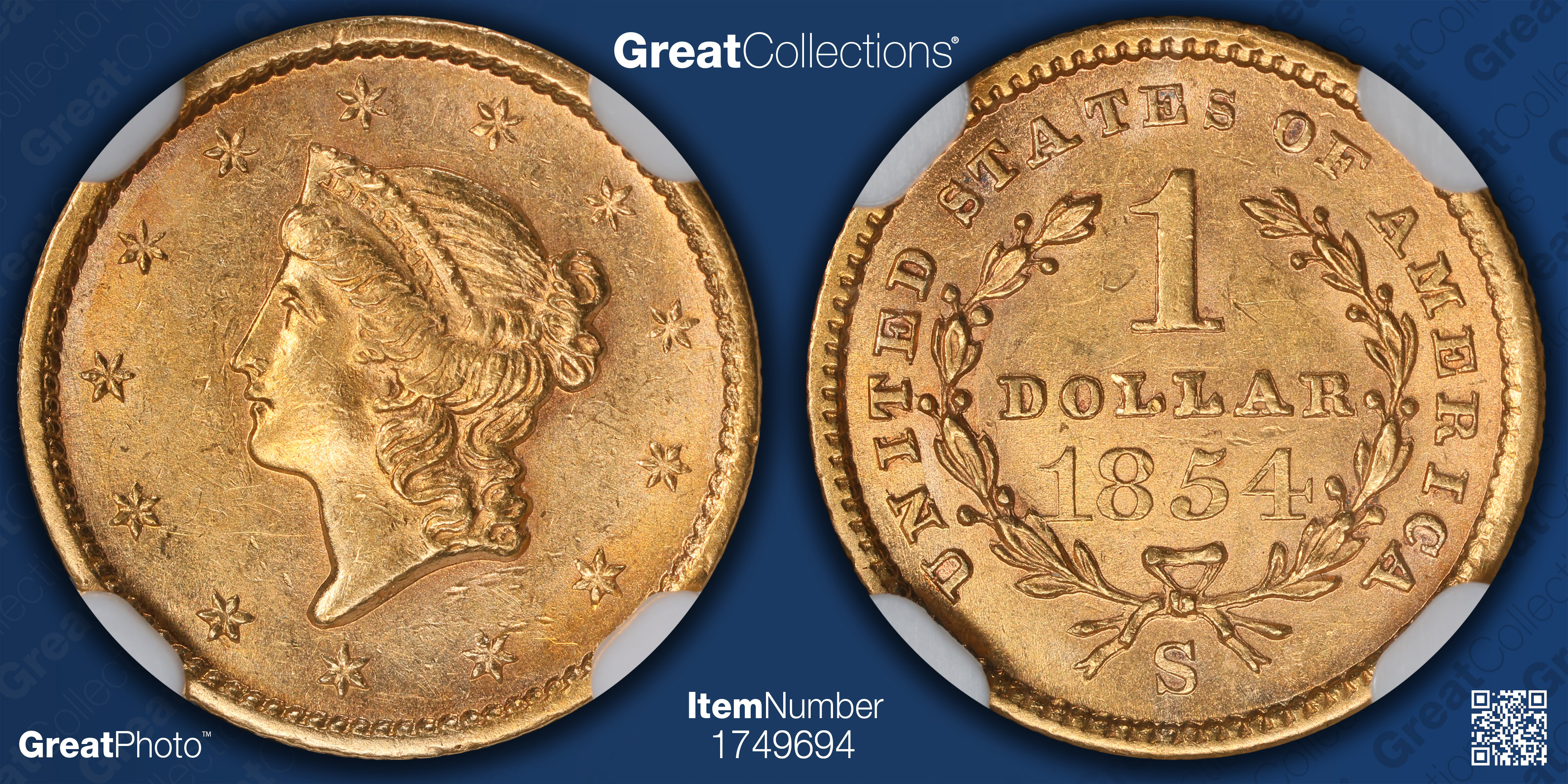 1854-S Liberty Gold Dollar NGC MS-61 (Item 1749694) | GreatCollections ...
