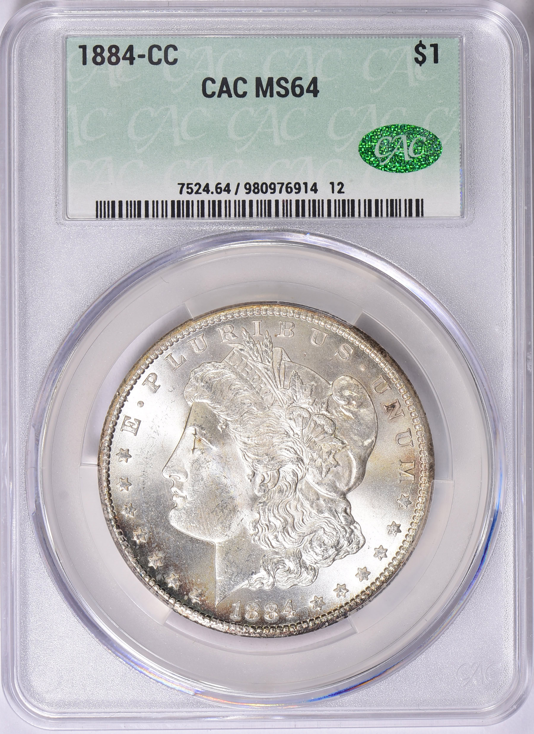 1884-CC Morgan Silver Dollar CACG MS-64 (Toned) (Item 1749701) | GreatCollections Coin Auctions