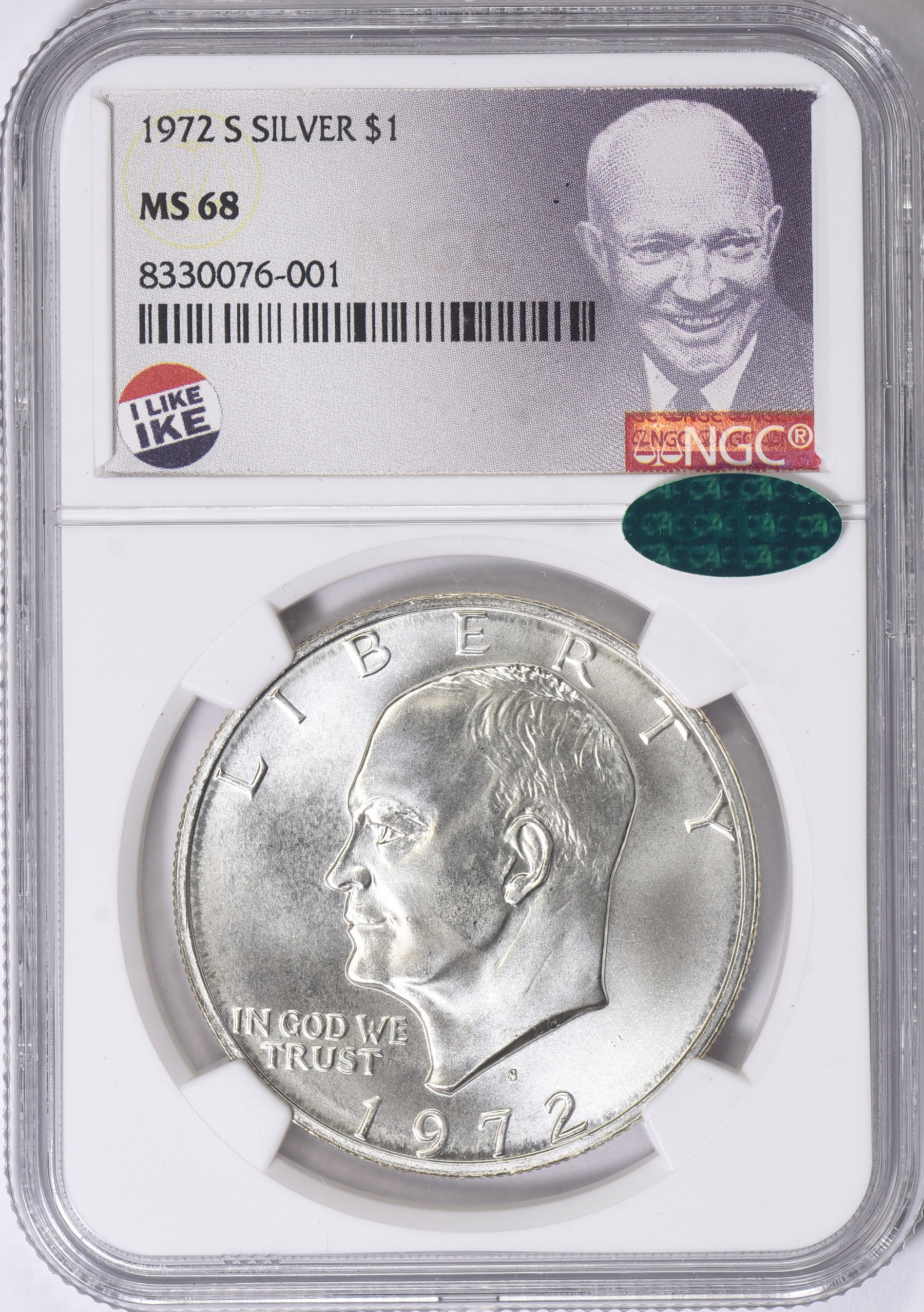 1972-S Eisenhower Dollar Silver NGC MS-68 (CAC Green) (I Like Ike Label) (Item 1749732 ...