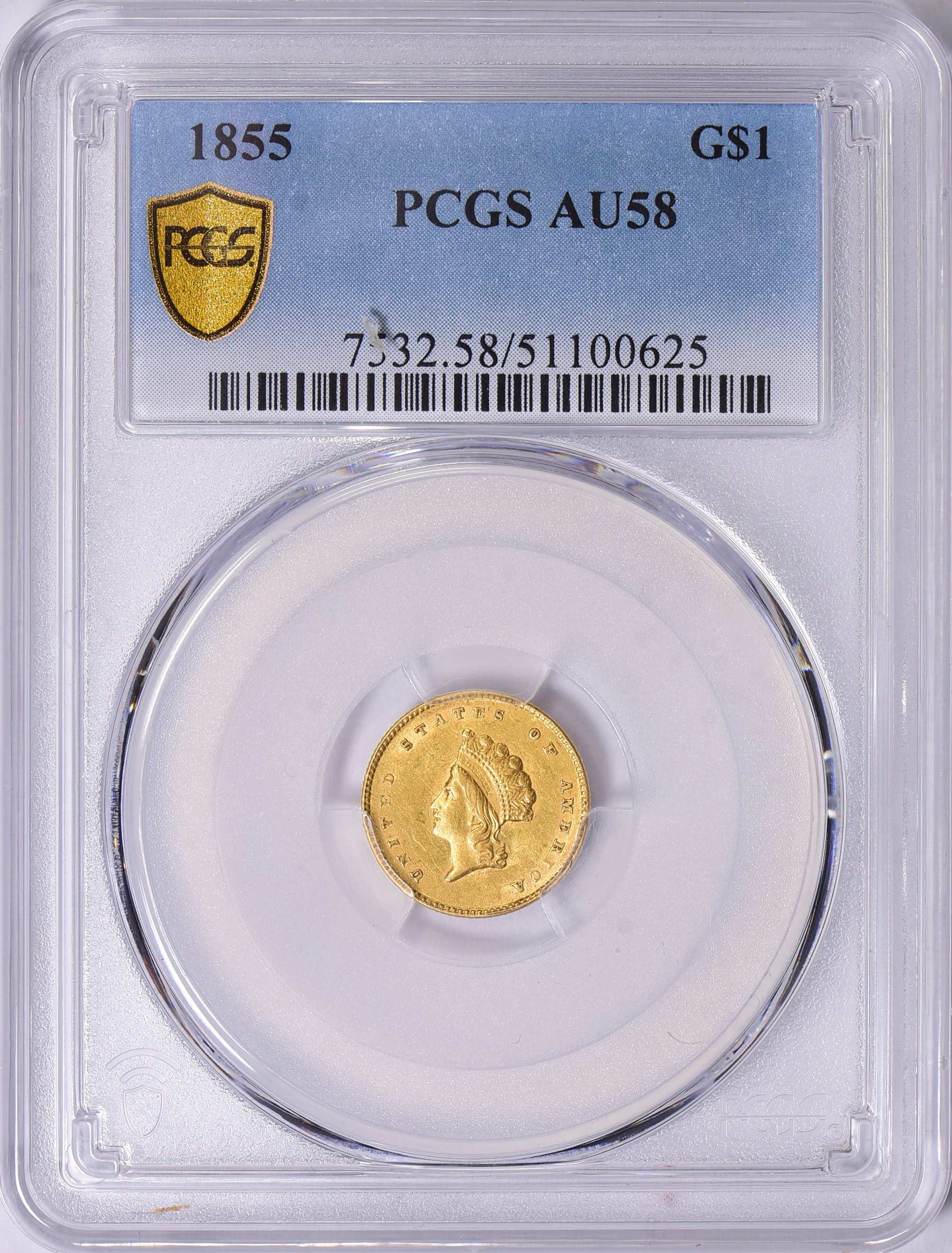 1855 Indian Princess Gold Dollar PCGS AU-58 (Item 1749796) | GreatCollections Coin Auctions