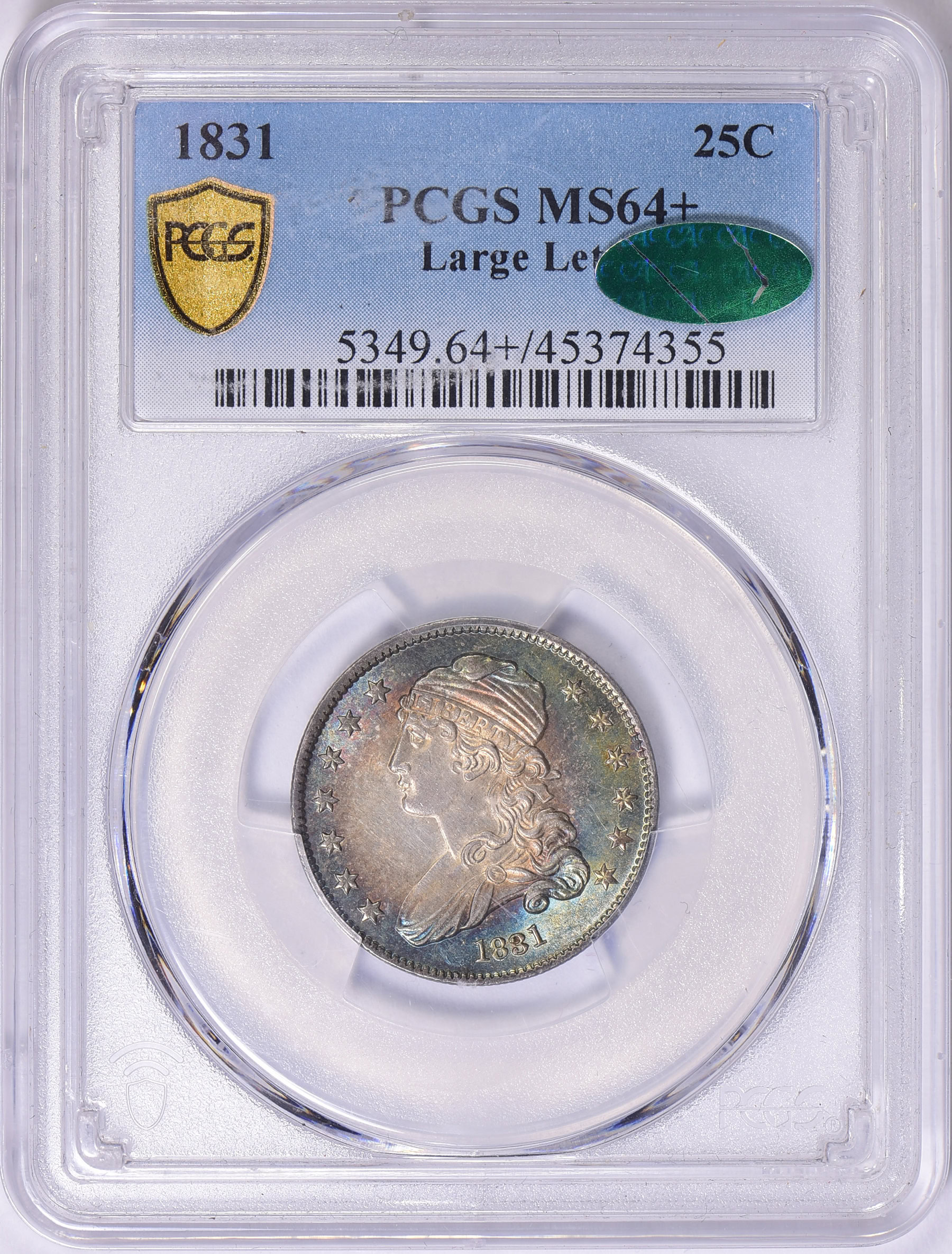 1831 Capped Bust Quarter Large Letters PCGS MS-64+ (CAC Green) (Toned ...