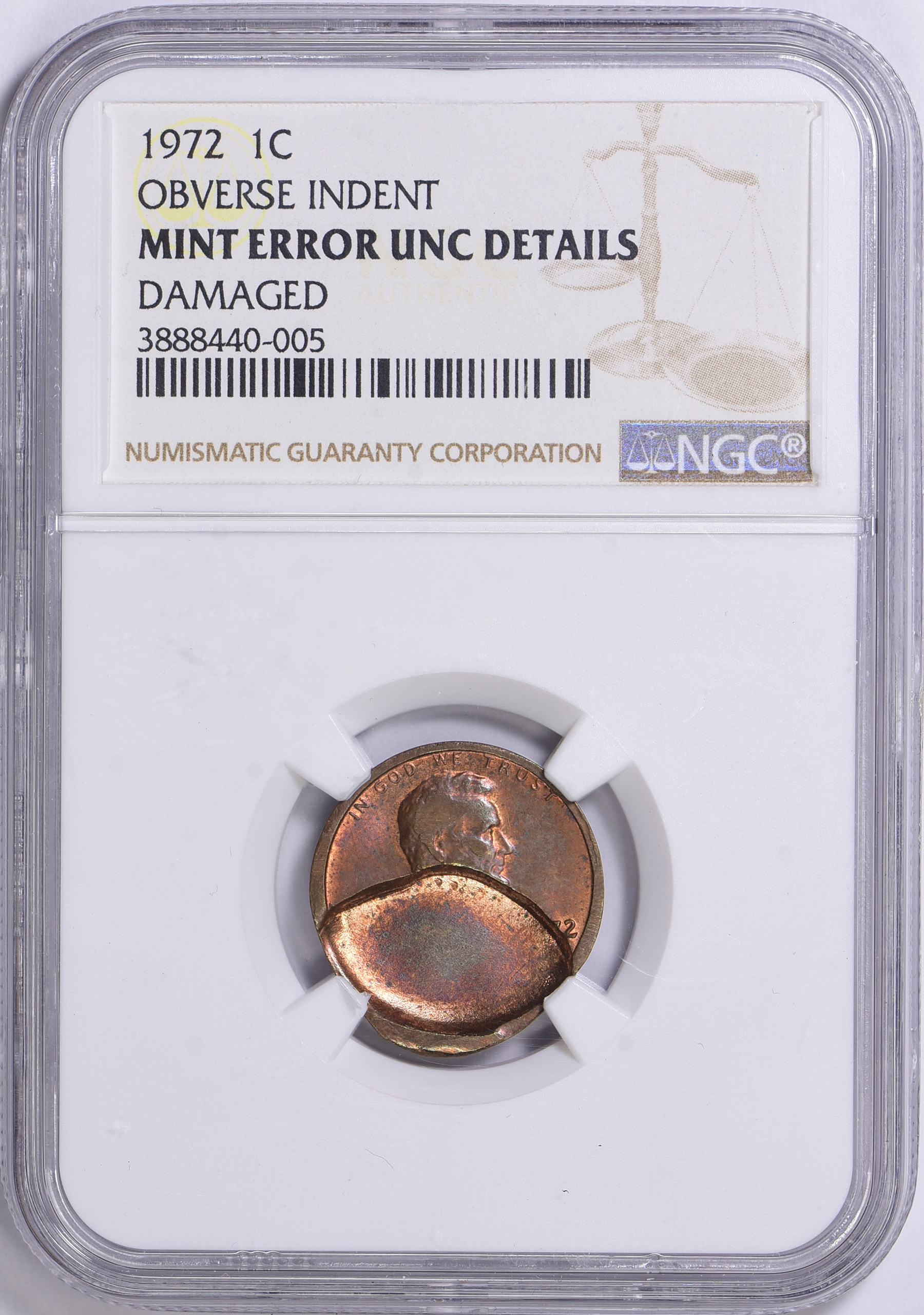 Mint Error 1972 Lincoln Cent Obverse Indent NGC Unc Details | NGC Cert ...