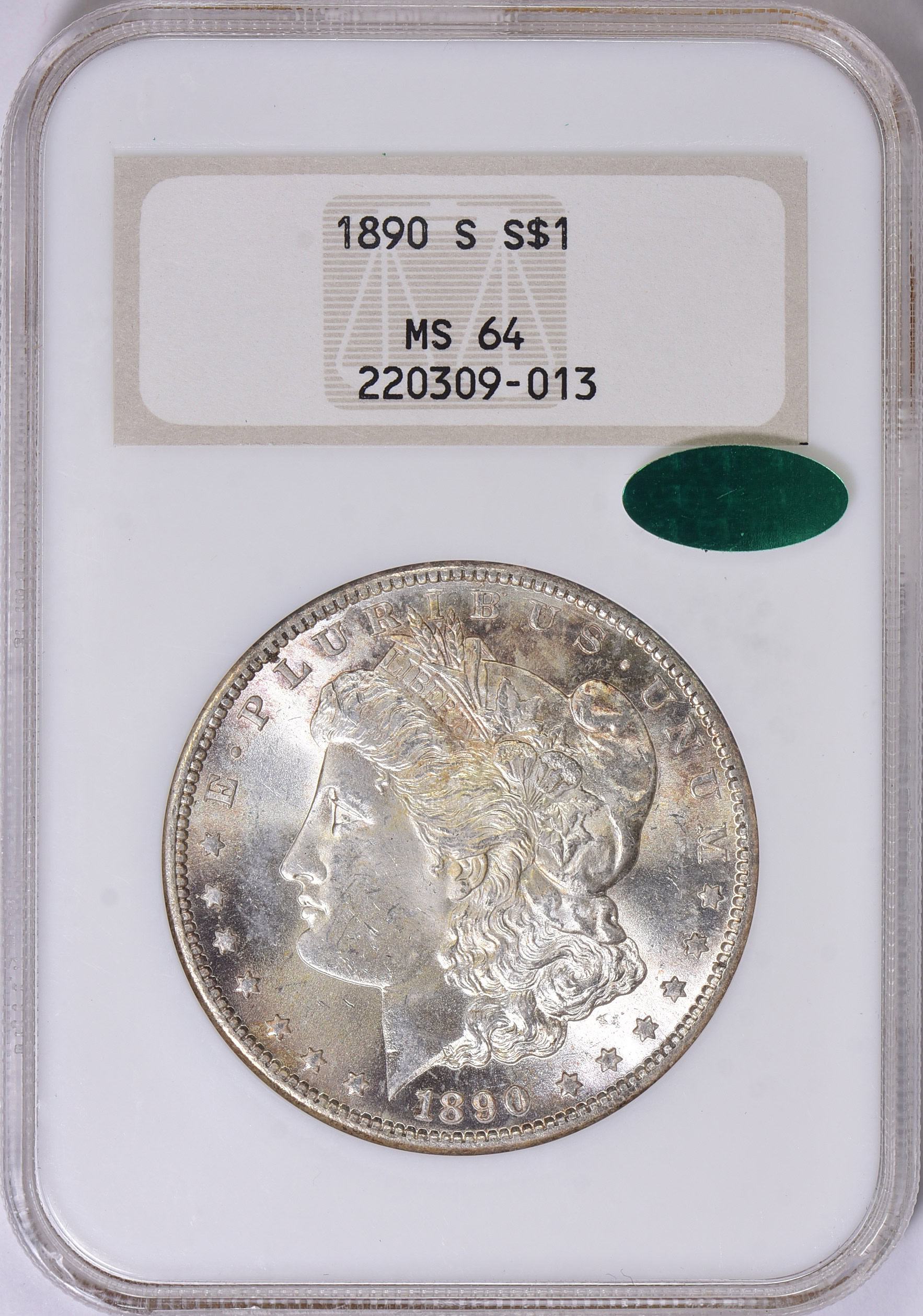 1890-S Morgan Silver Dollar NGC MS-64 (CAC Green) OH (Item 1750172) | GreatCollections Coin Auctions