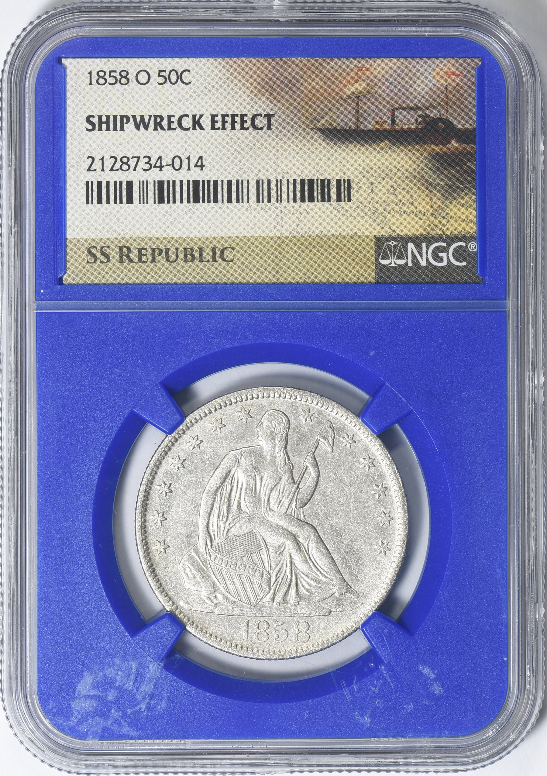 1858-O Seated Liberty Half Dollar SS Republic Shipwreck Effect NGC Certified (Blue Holder) (Item ...