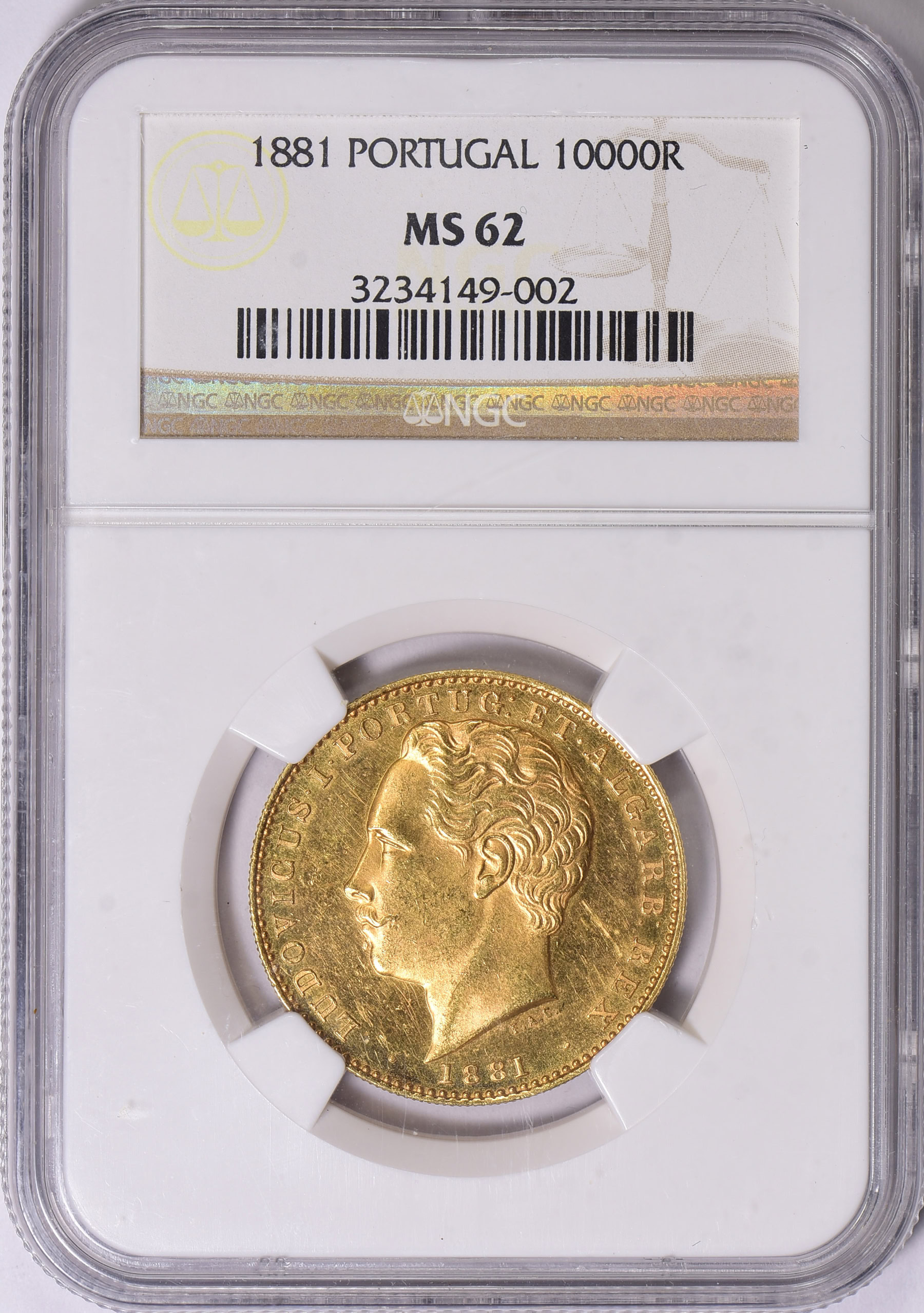 Portugal 1881 Gold 10,000 Reis KM-520 NGC MS-62 (AGW = 0.5229 oz ...