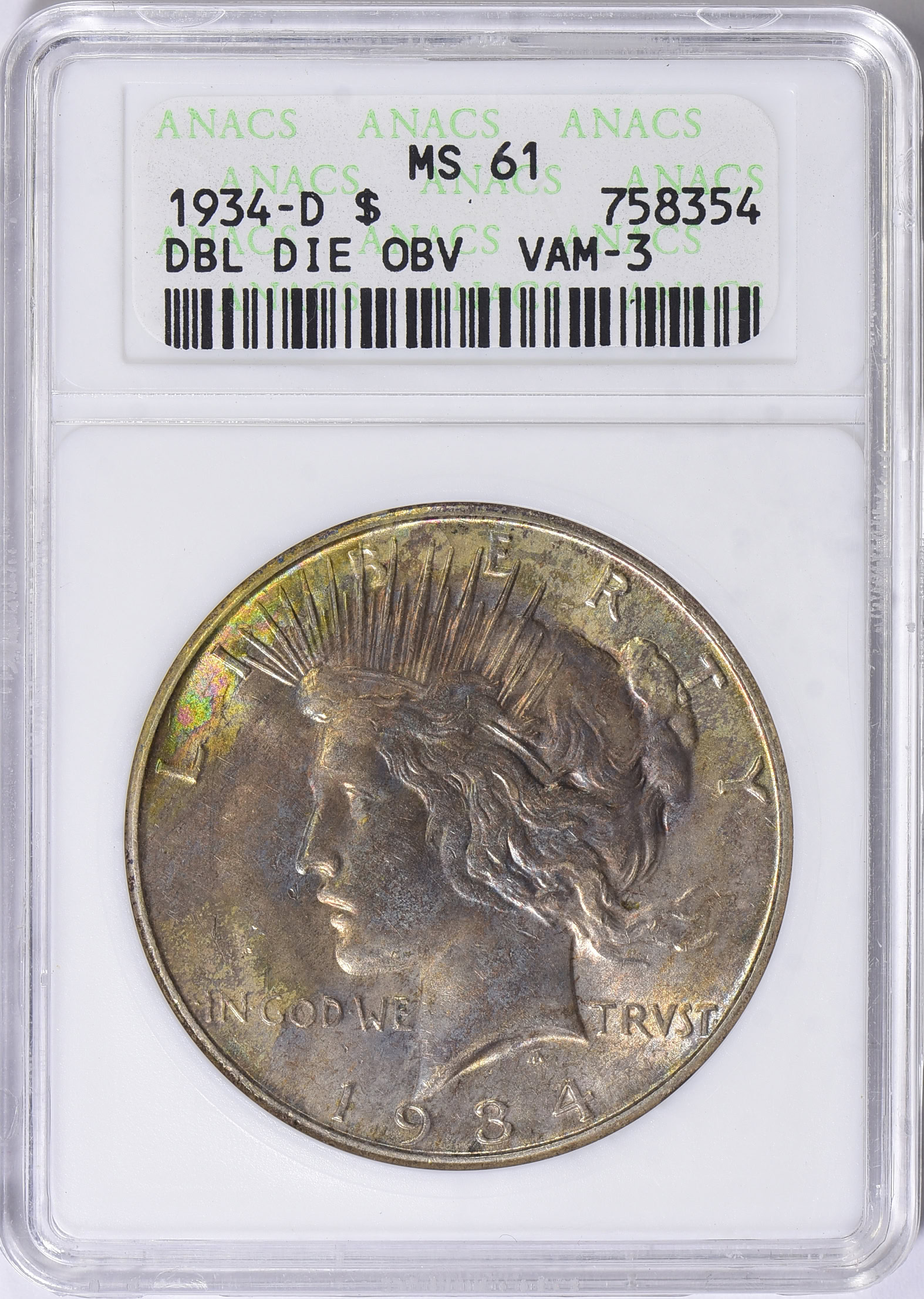 1934-D Peace Silver Dollar Doubled Die Obverse VAM-3 ANACS MS-61 OH (Toned) (Item 1750454 ...