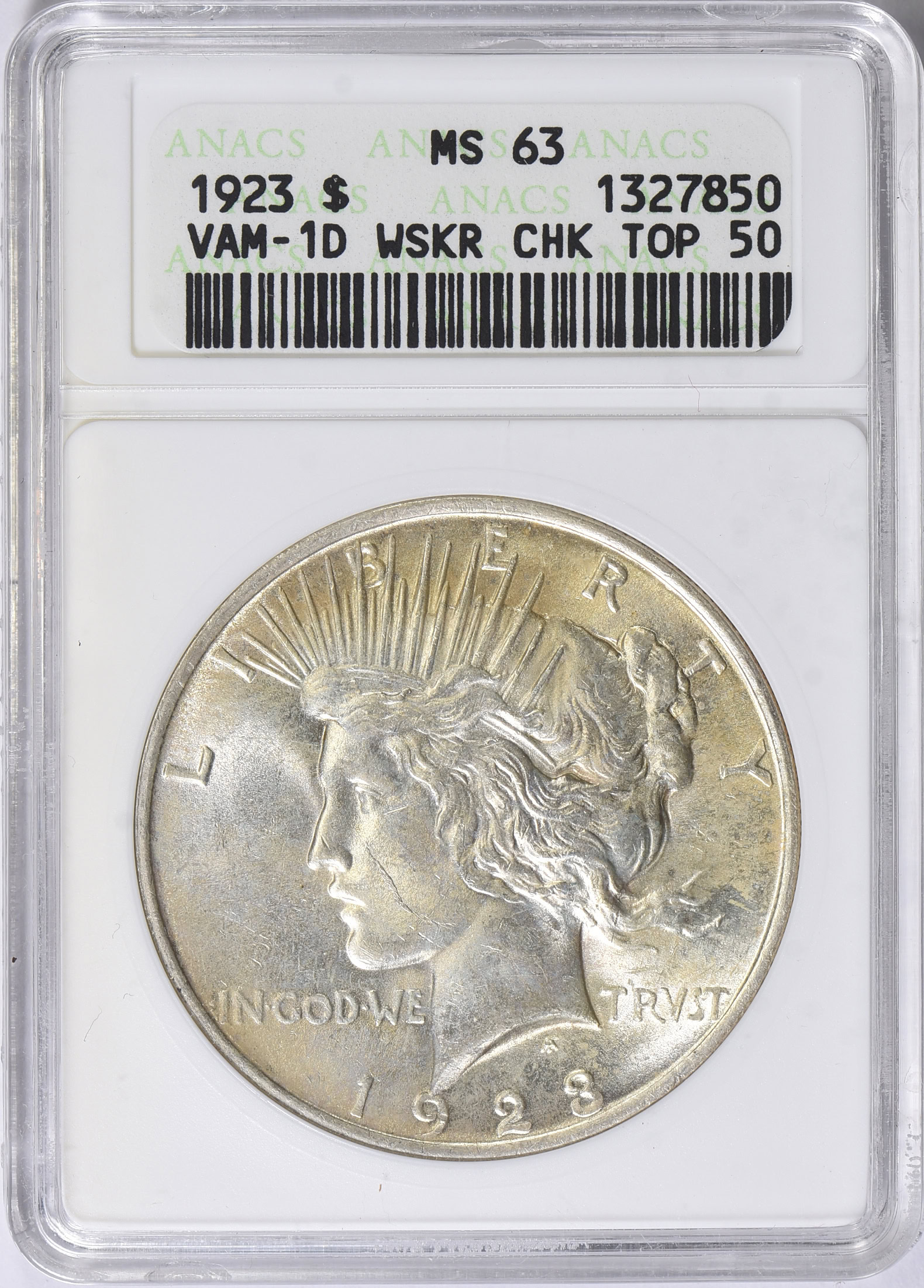 1923 Peace Silver Dollar Whisker Cheek VAM-1D Top 50 ANACS MS-63 OH (Item 1750462 ...