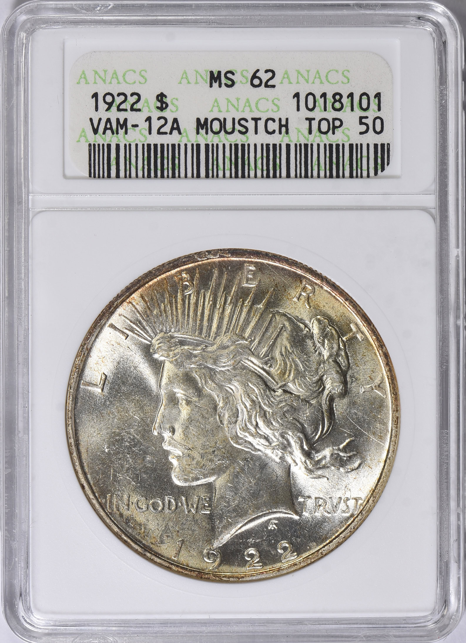 1922 Peace Silver Dollar Moustache VAM-12A Top 50 ANACS MS-62 OH (Item 1750474 ...