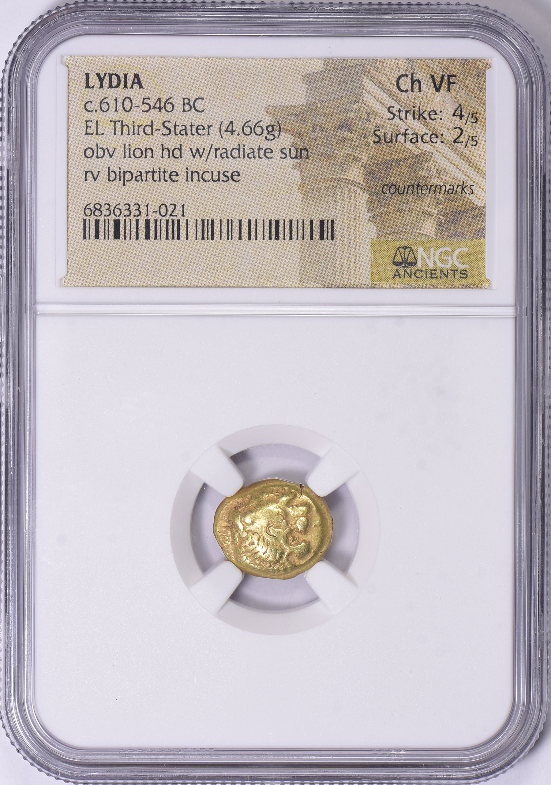 Ancient Lydia c.610-546 B.C. EL 1/3 Stater (4.66gms) NGC Ch VF Strike 4 ...