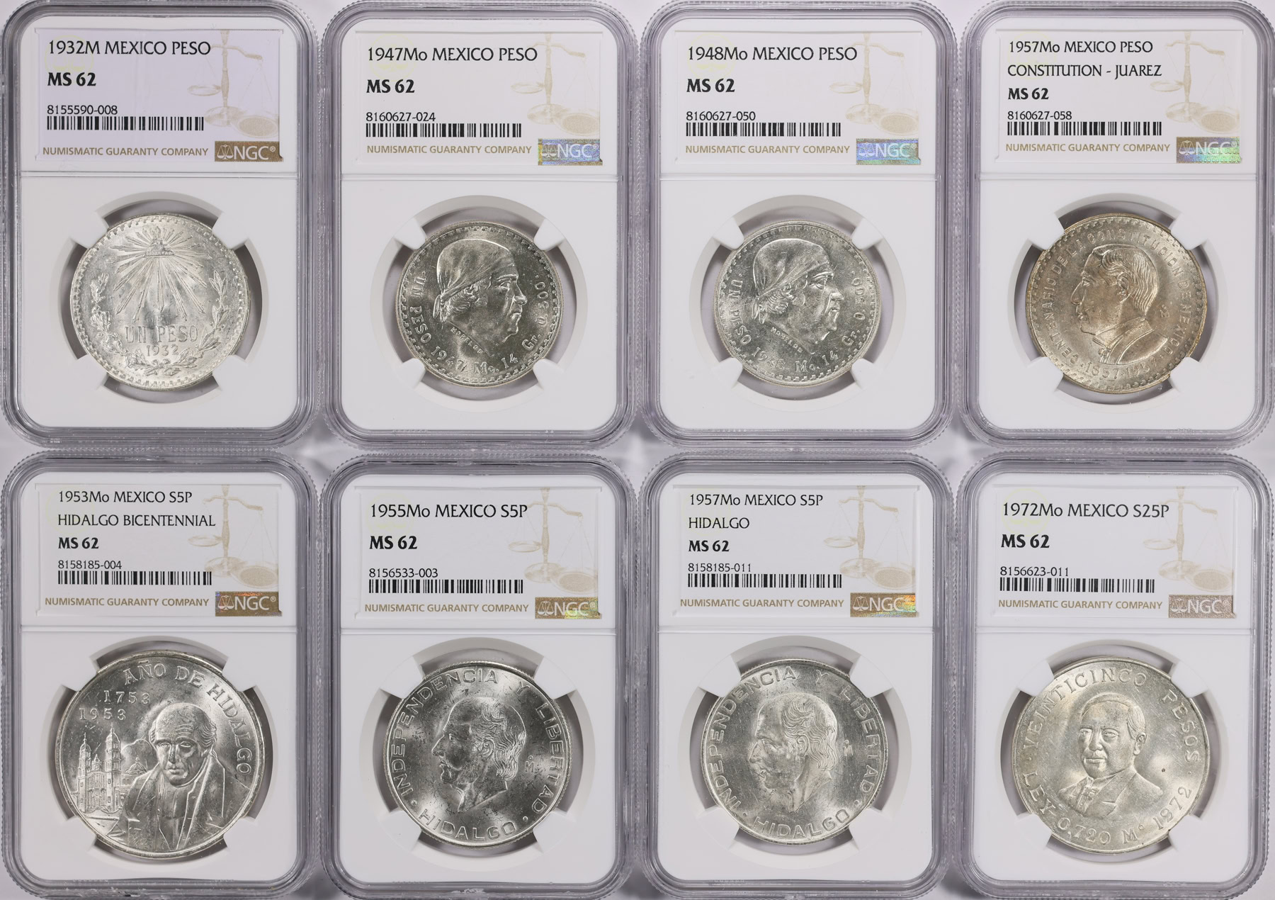 Mexico c.1932-72 Silver Peso, 5 Pesos & 25 Pesos Selection NGC MS-62 (8 ...