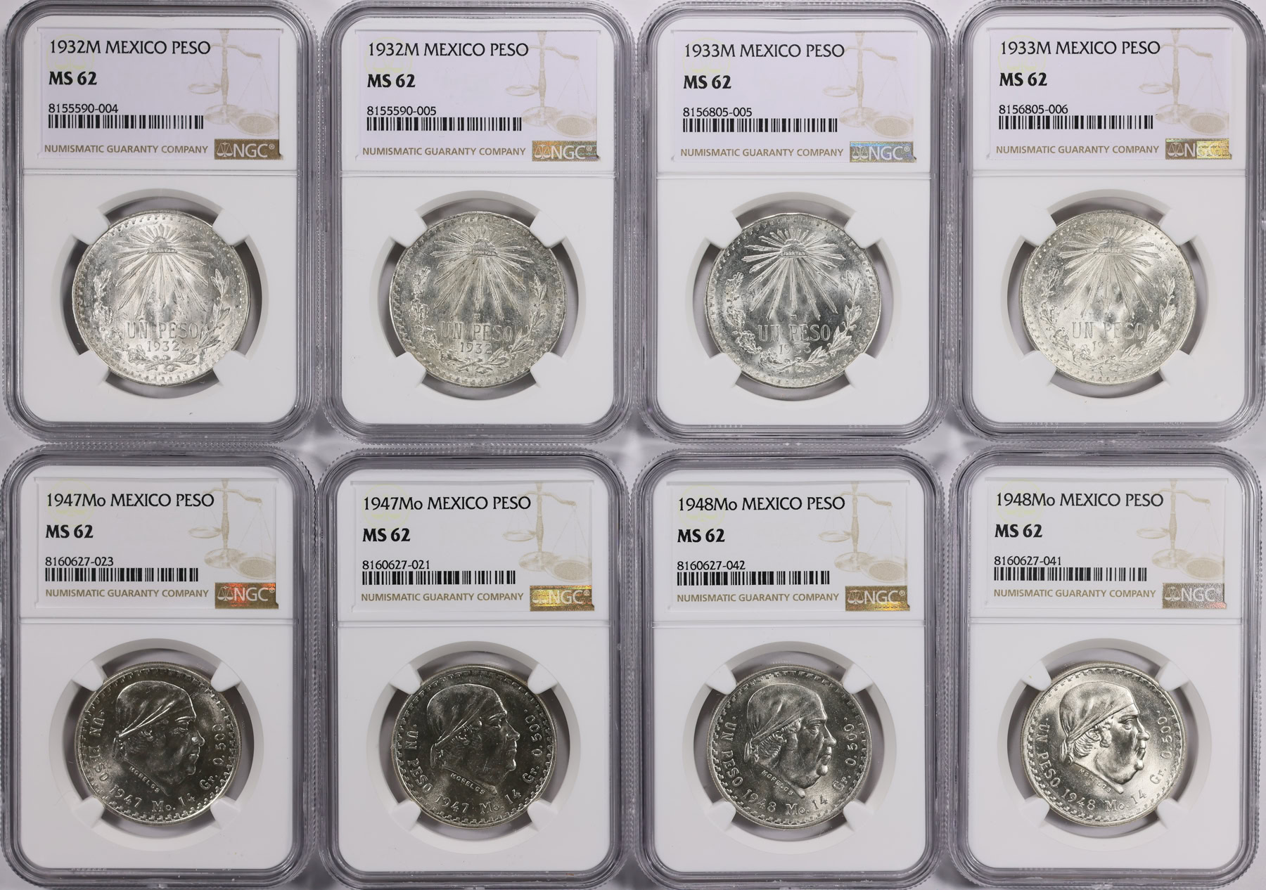 Mexico c.1932-48 Silver Peso Selection NGC MS-62 (8 Coins) (Item ...