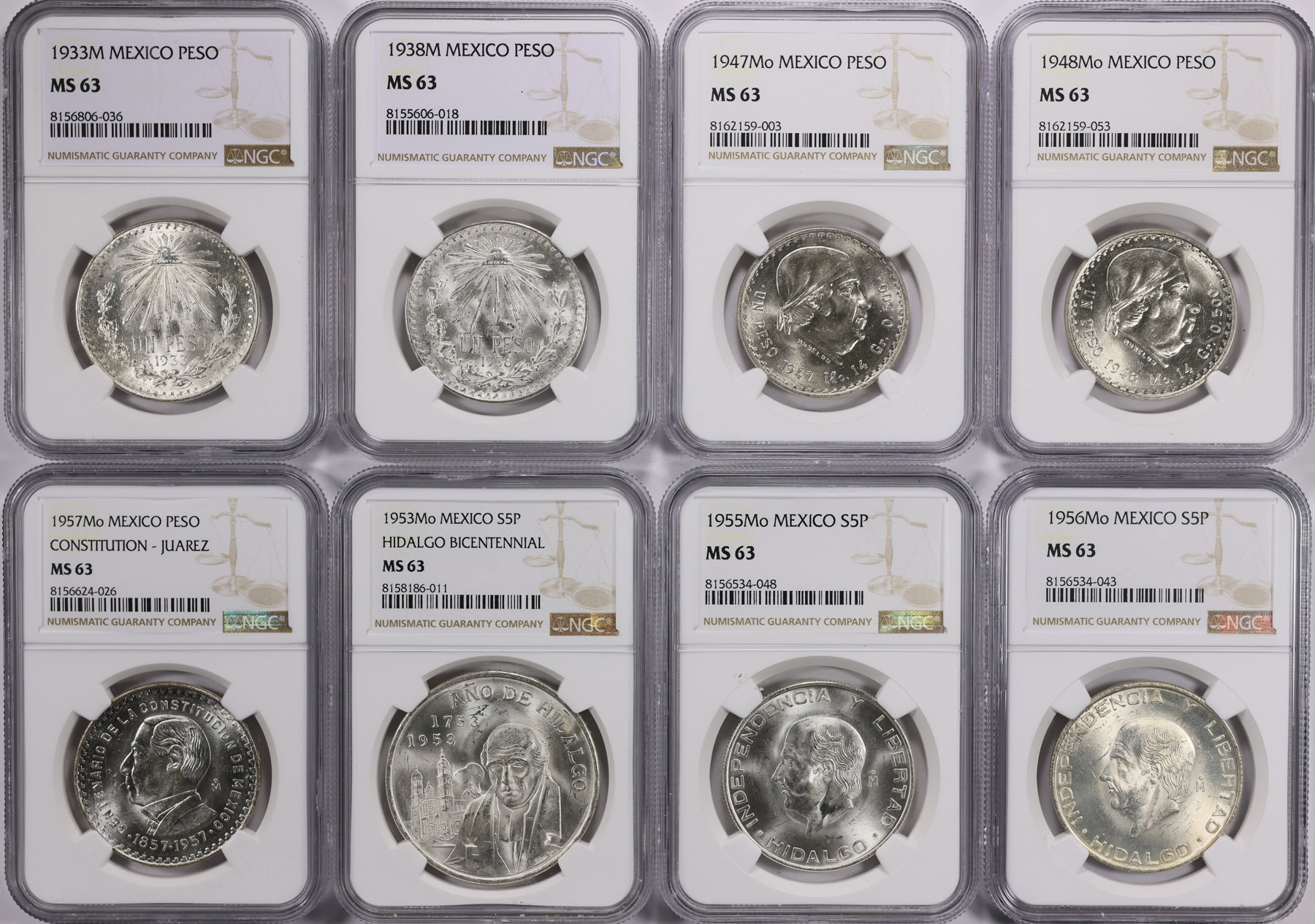Mexico c.1933-57 Silver Peso & 5 Pesos Selection NGC MS-63 (8 Coins ...