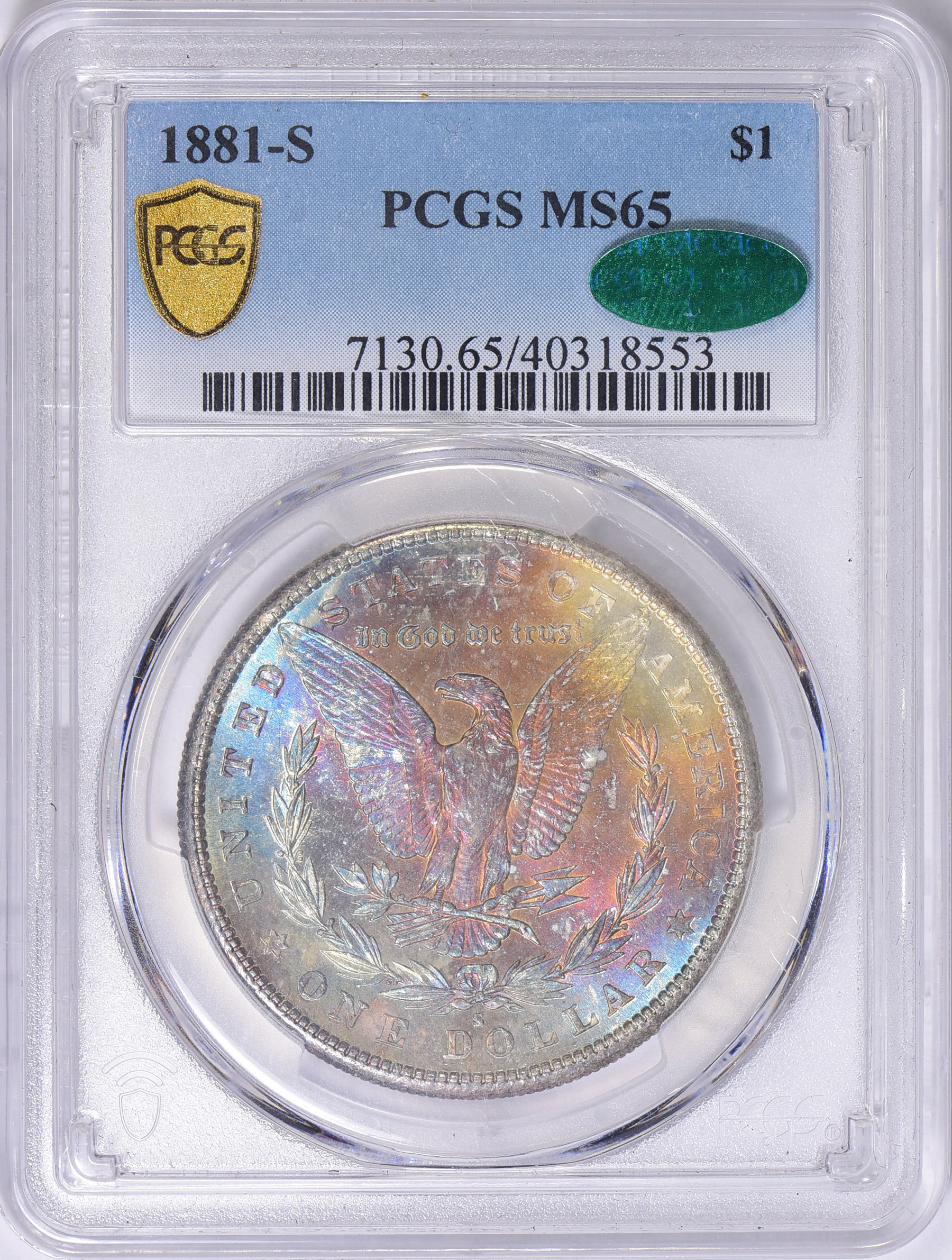 1881-S Morgan Silver Dollar PCGS MS-65 (CAC Green) (Toned) (Item 1750584) | GreatCollections ...