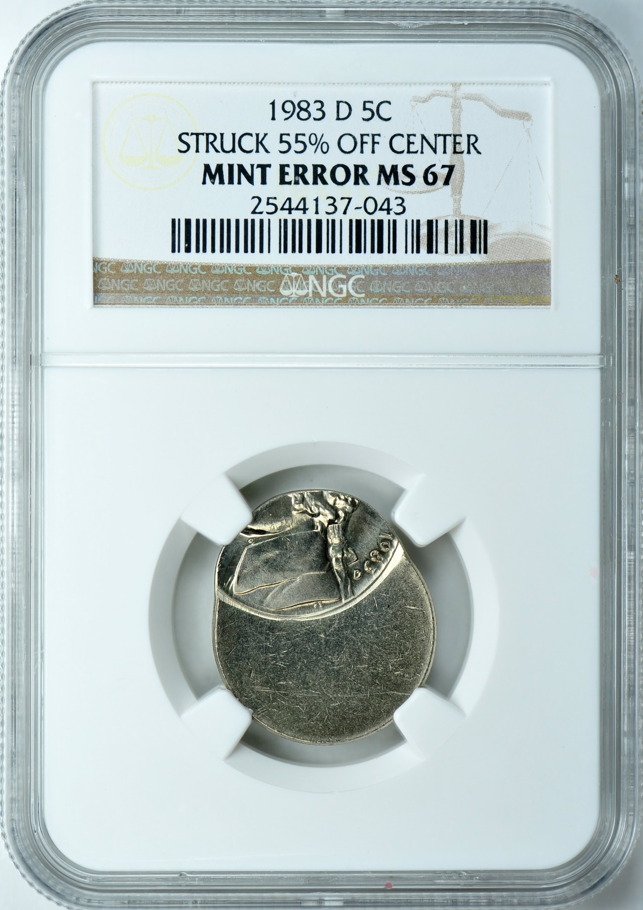 Mint Error 1983-D Jefferson Nickel Struck 55% Off Center NGC MS-67 ...