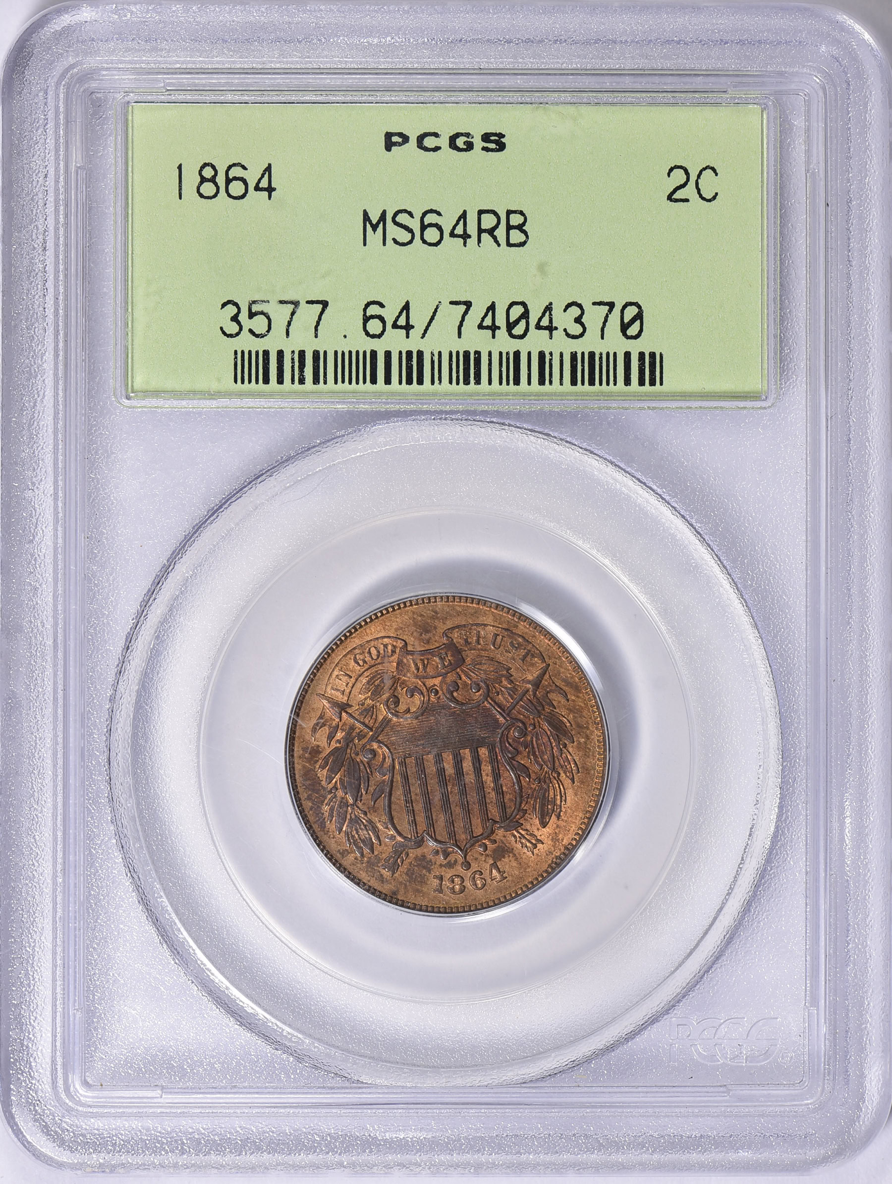 1864 Two-Cent Piece Large Motto PCGS MS-64 RB OGH (Item 1750759 ...