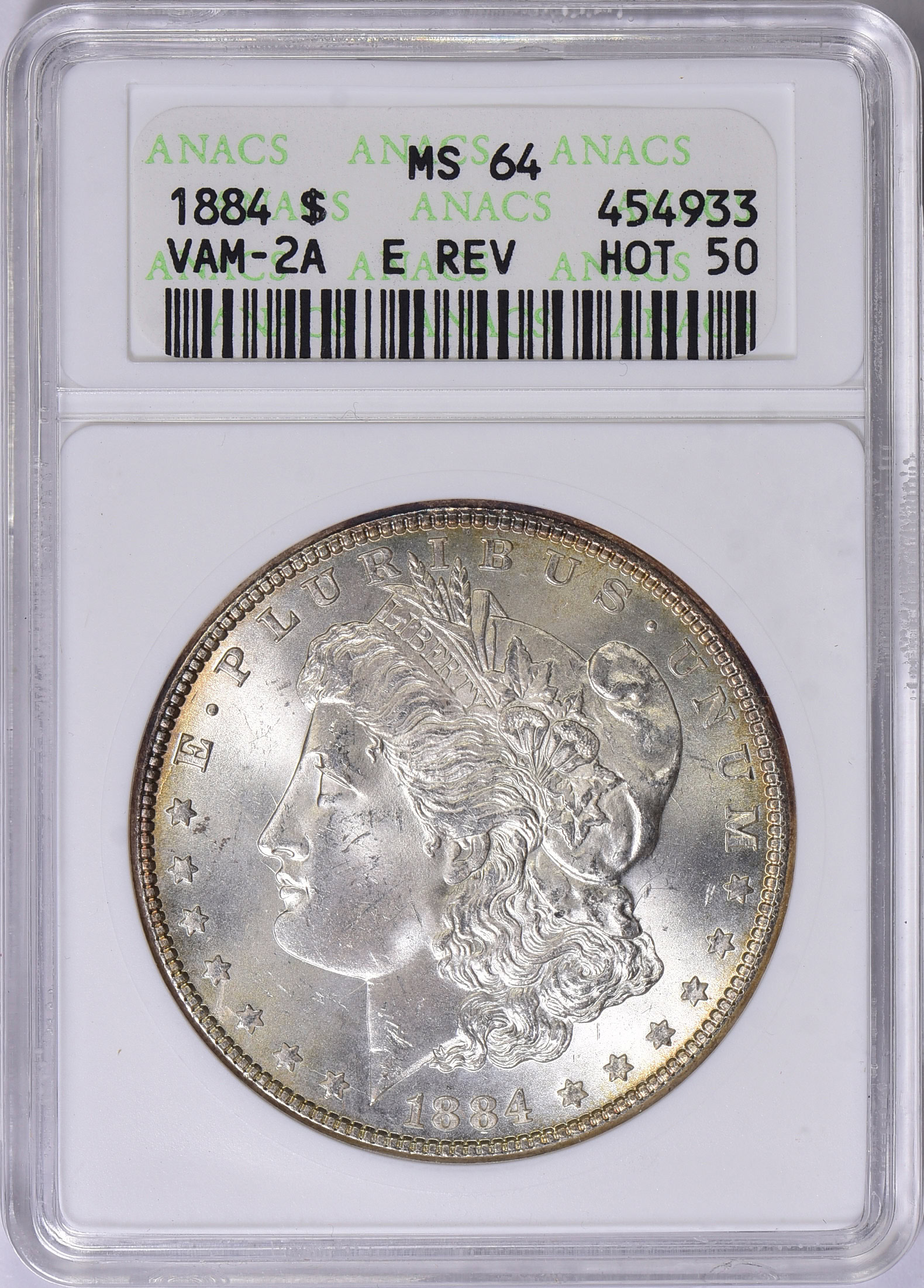 1884 Morgan Silver Dollar E Rev VAM-2A Hot 50 ANACS MS-64 OH (Item 1750854) | GreatCollections ...
