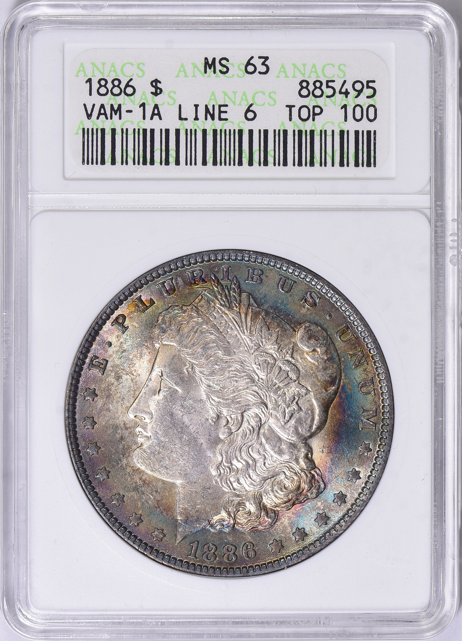 1886 Morgan Silver Dollar Line in 6 VAM-1A Top 100 ANACS MS-63 OH (Toned) (Item 1750861 ...