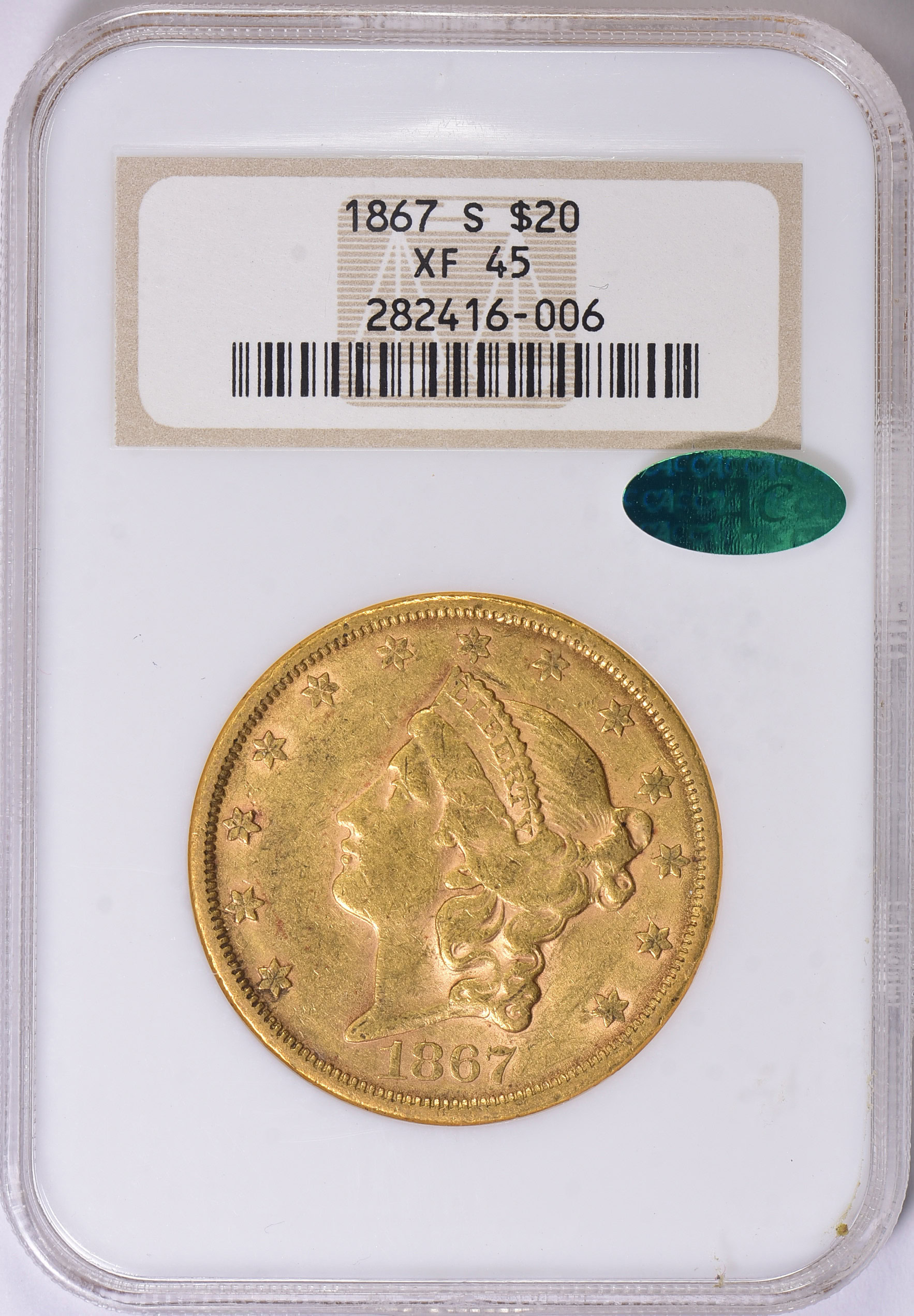1867-S Liberty Gold Double Eagle NGC XF-45 (CAC Green) OH (Item 1750909) | GreatCollections Coin ...