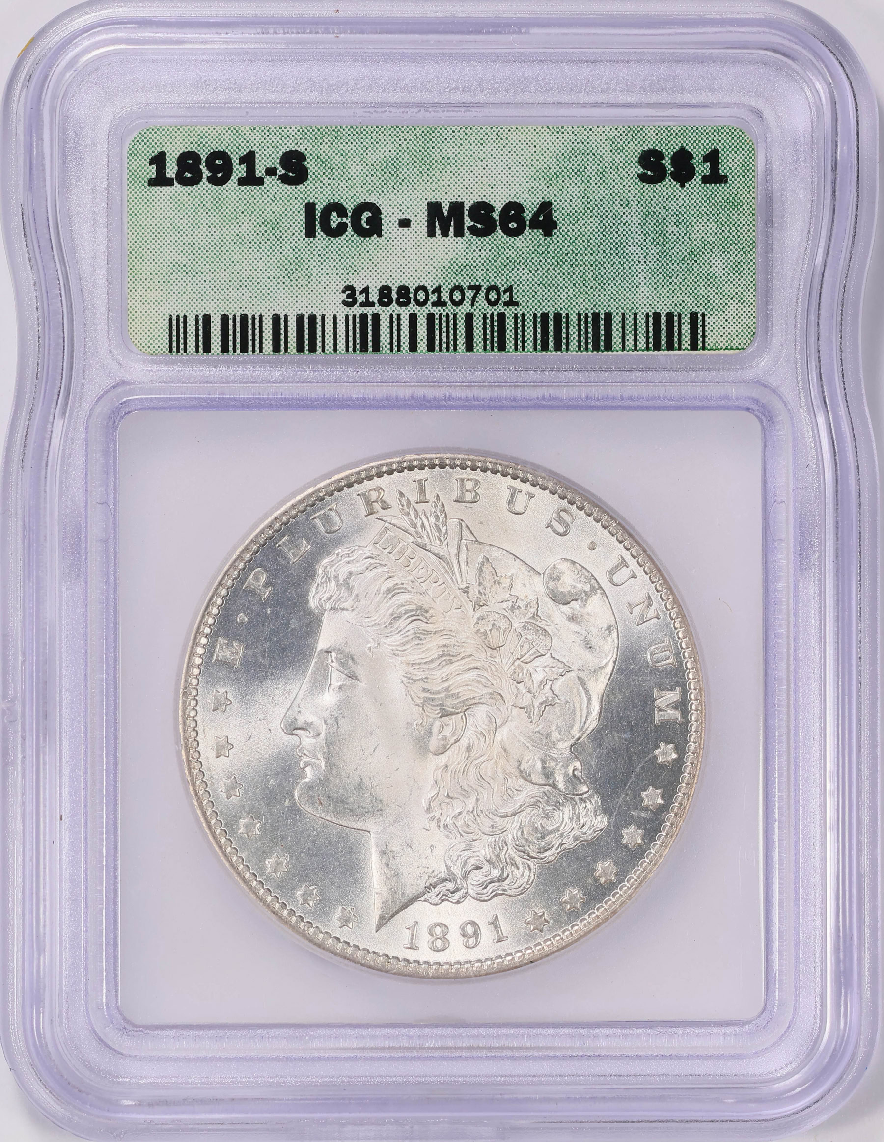 1891-S Morgan Silver Dollar ICG MS-64 (Item 1751222) | GreatCollections Coin Auctions