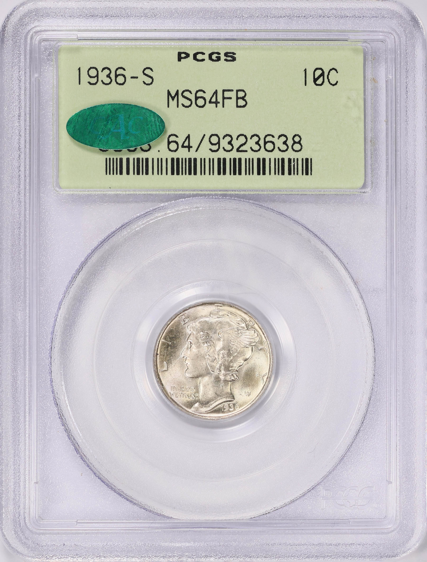 1936-S Mercury Dime PCGS MS-64 FB (CAC Green) OGH (Item 1751314) | GreatCollections Coin Auctions