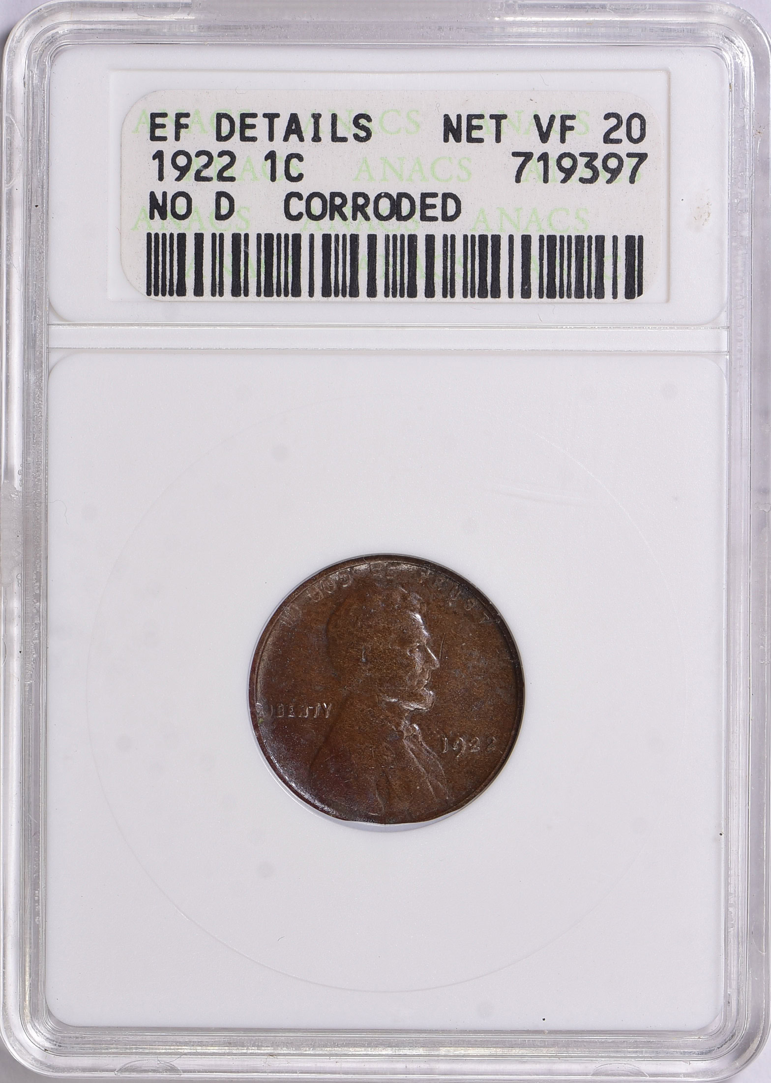 1922-No D Lincoln Cent ANACS NET VF-20 EF Details OH (Item 1751423 ...
