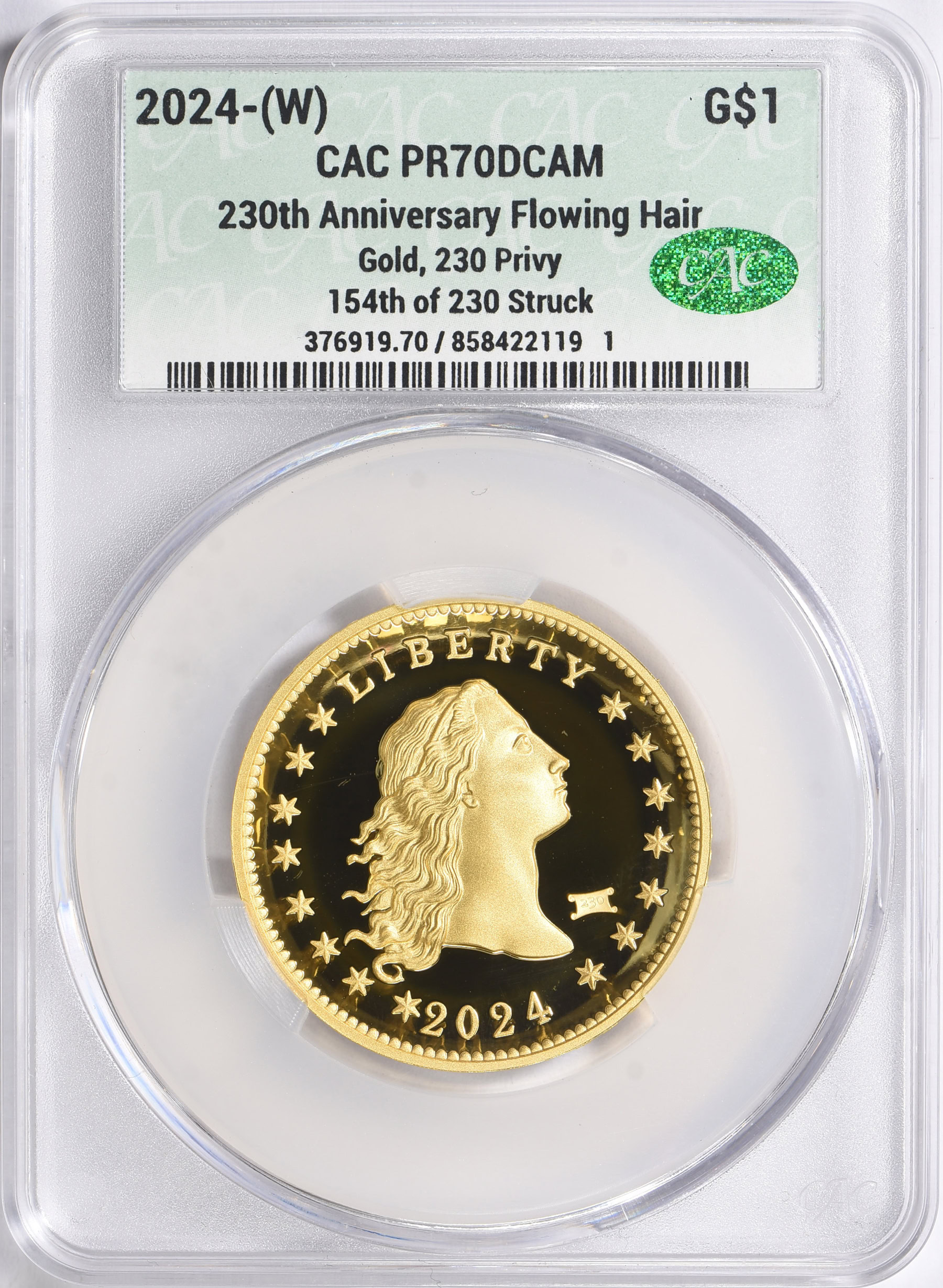 2024 Flowing Hair High Relief Gold Dollar 230th Anniversary Privy Mark 154th of 230 Struck CACG ...