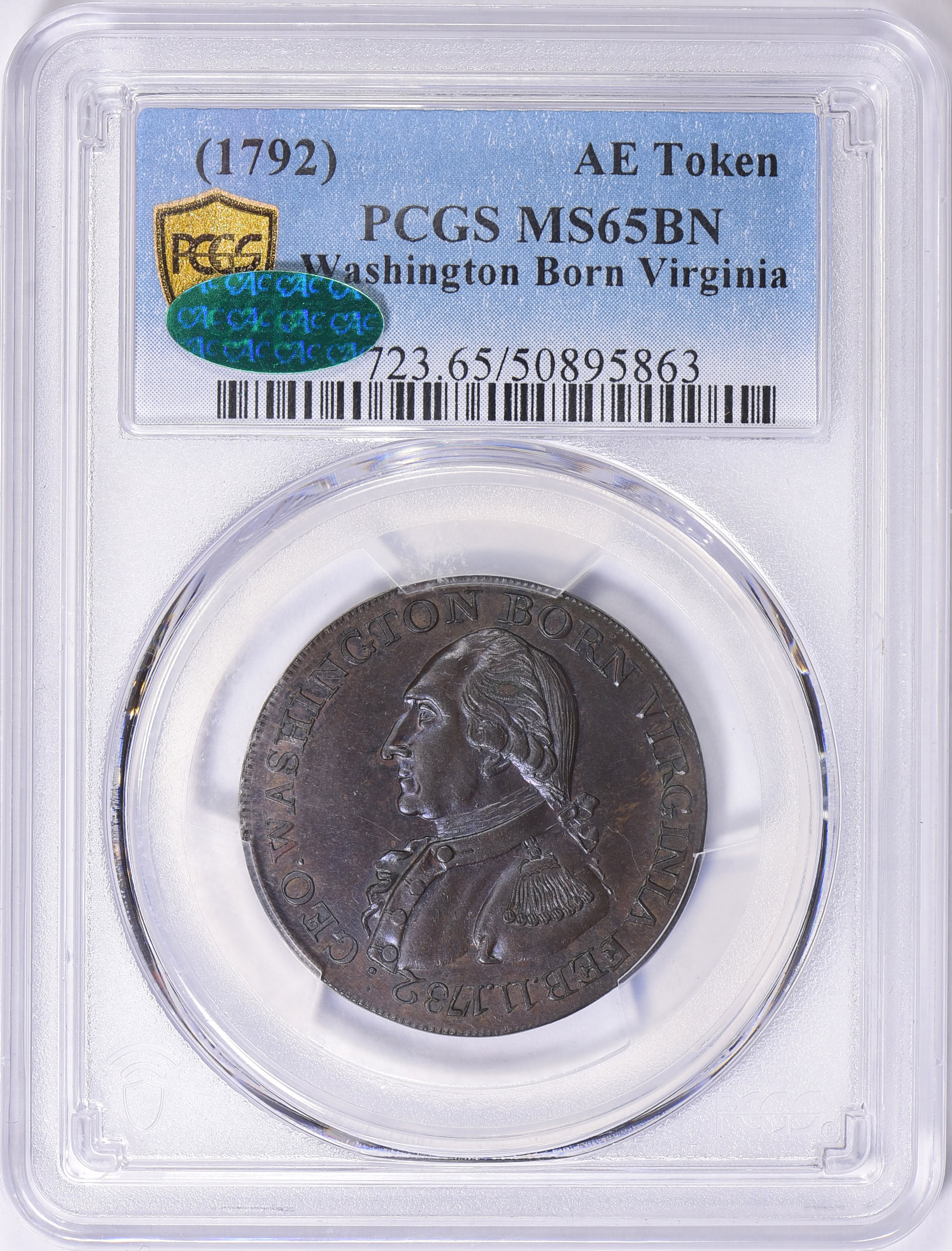 (1792) AE Token Washington Born Virginia PCGS MS-65 BN (CAC Green ...