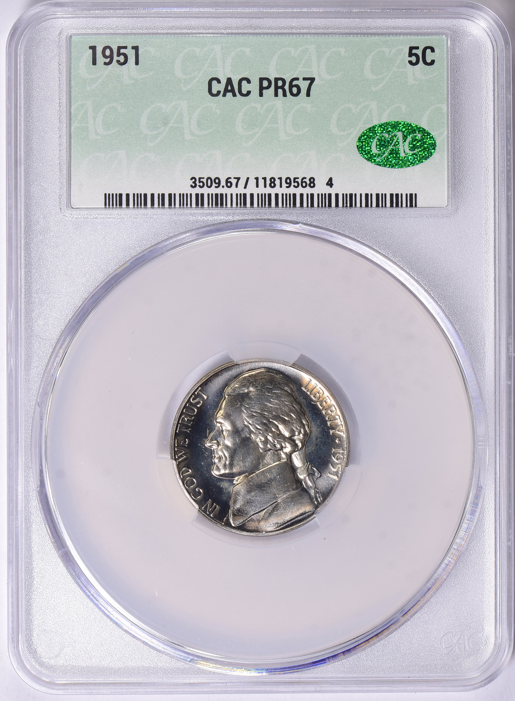 1951 Jefferson Nickel CACG Proof-67 (Item 1751446) | GreatCollections Coin Auctions
