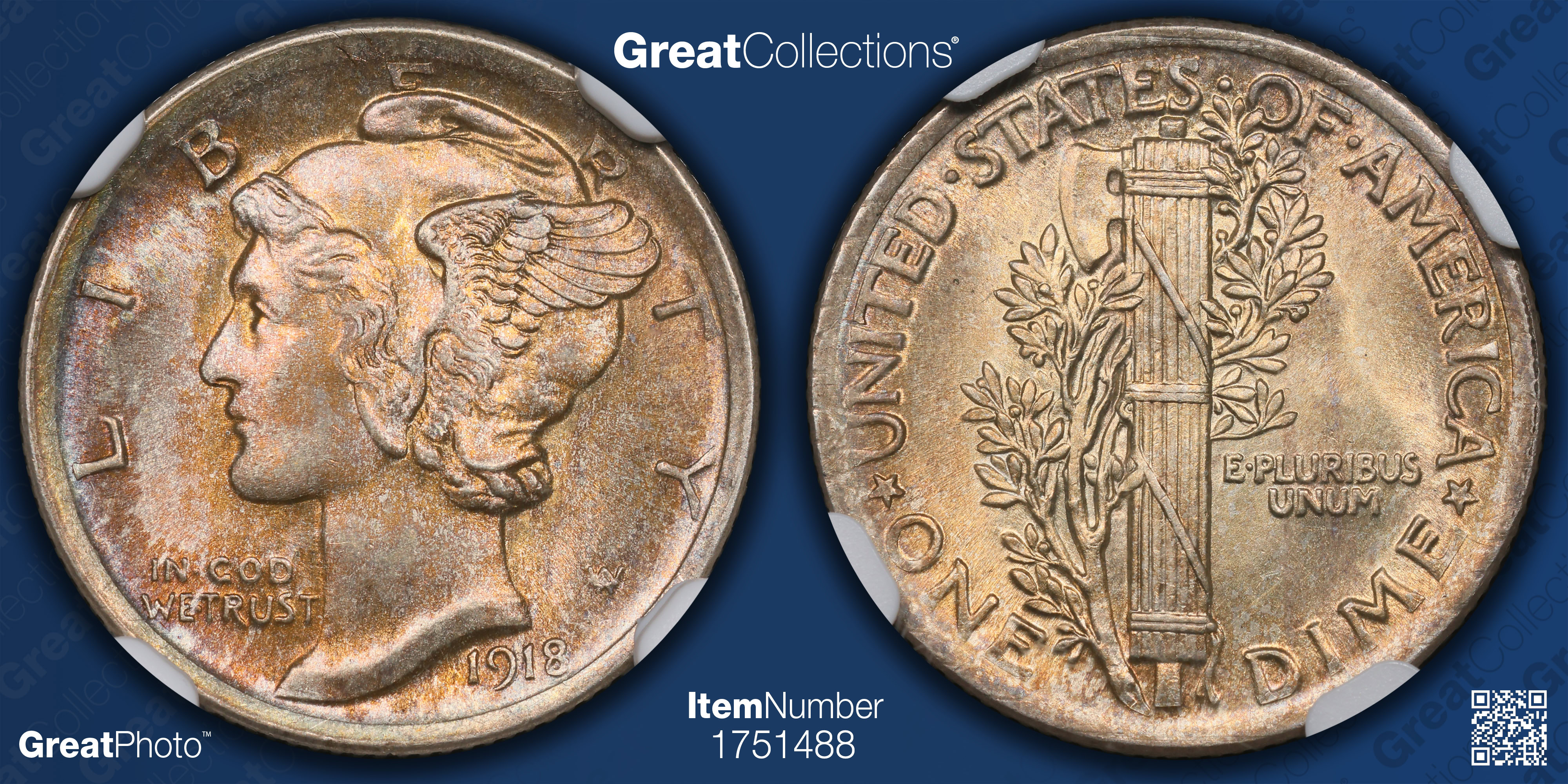 1918 Mercury Dime NGC MS-66 FB (Toned) (Item 1751488 ...