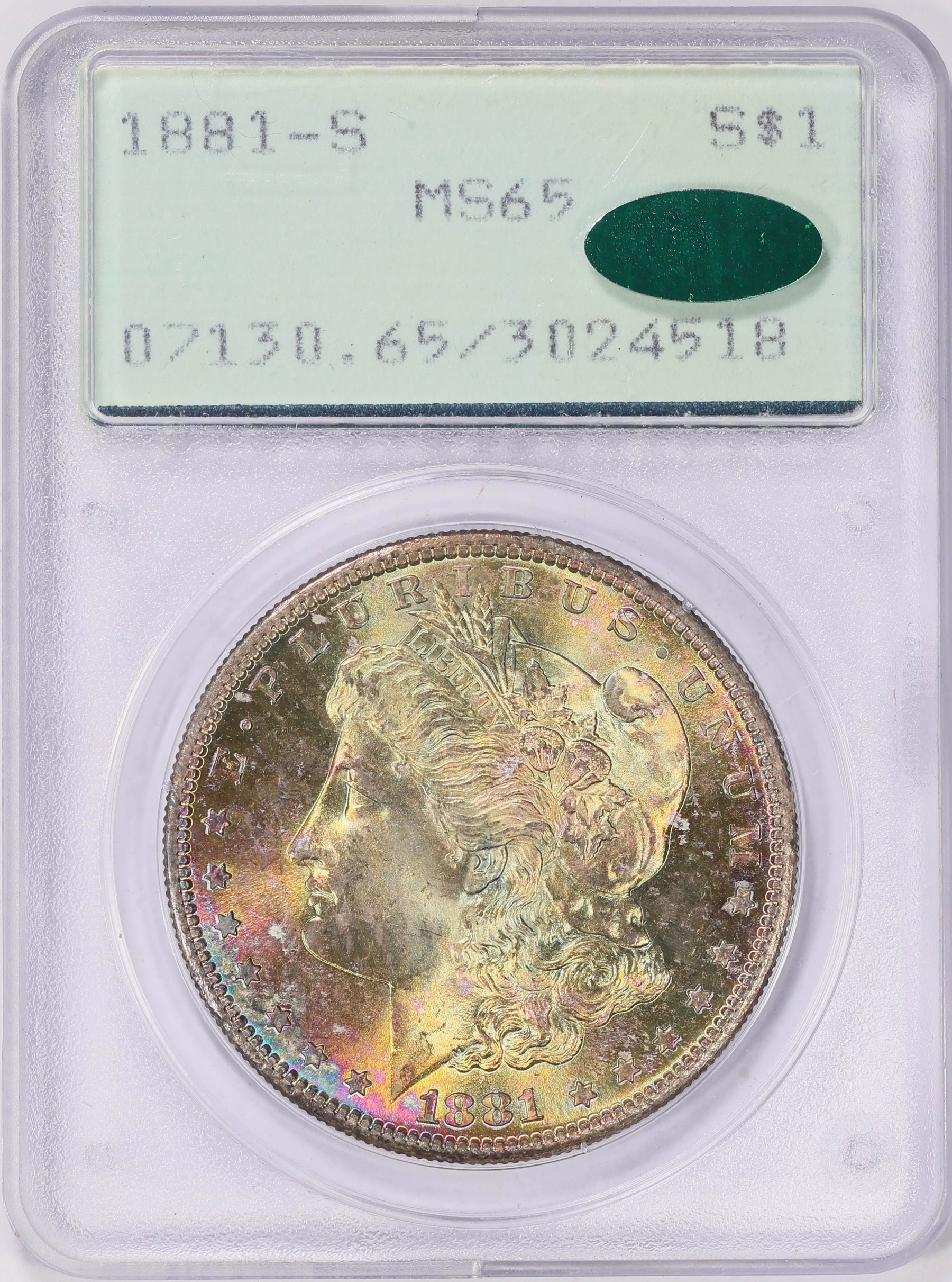 1881-S Morgan Silver Dollar PCGS MS-65 (CAC Green) OGH (1st Gen) (Toned) (Item 1751554 ...