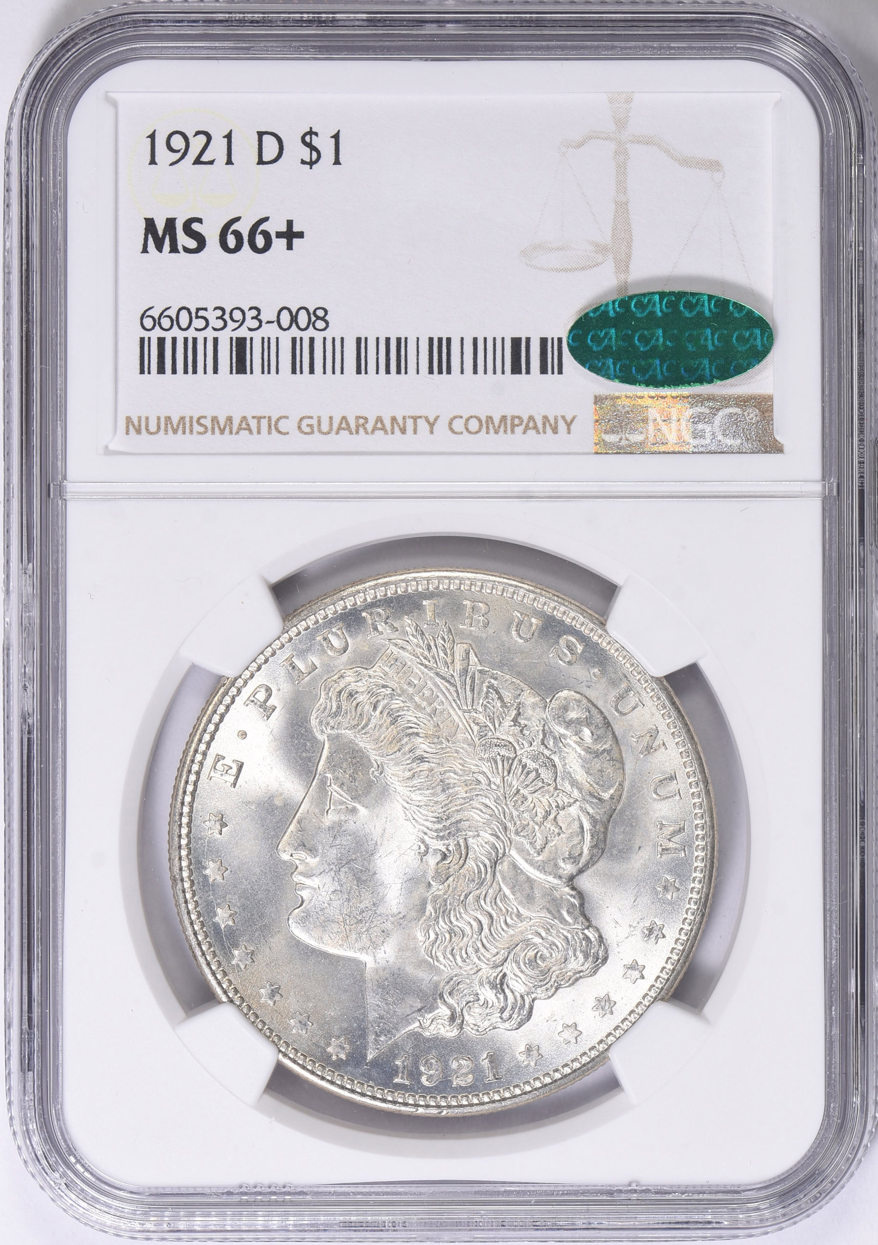 1921-D Morgan Silver Dollar NGC MS-66+ (CAC Green) (Item 1751556) | GreatCollections Coin Auctions