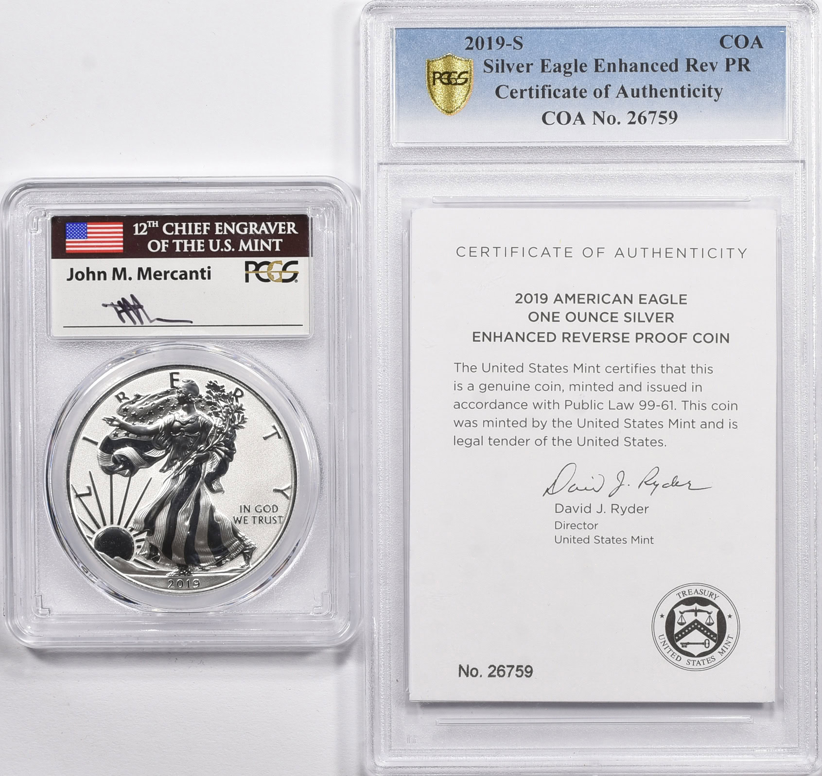2019-S $1 Silver Eagle Enhanced Reverse Proof First Day of Issue PCGS Proof-70 (Mercanti Signed ...