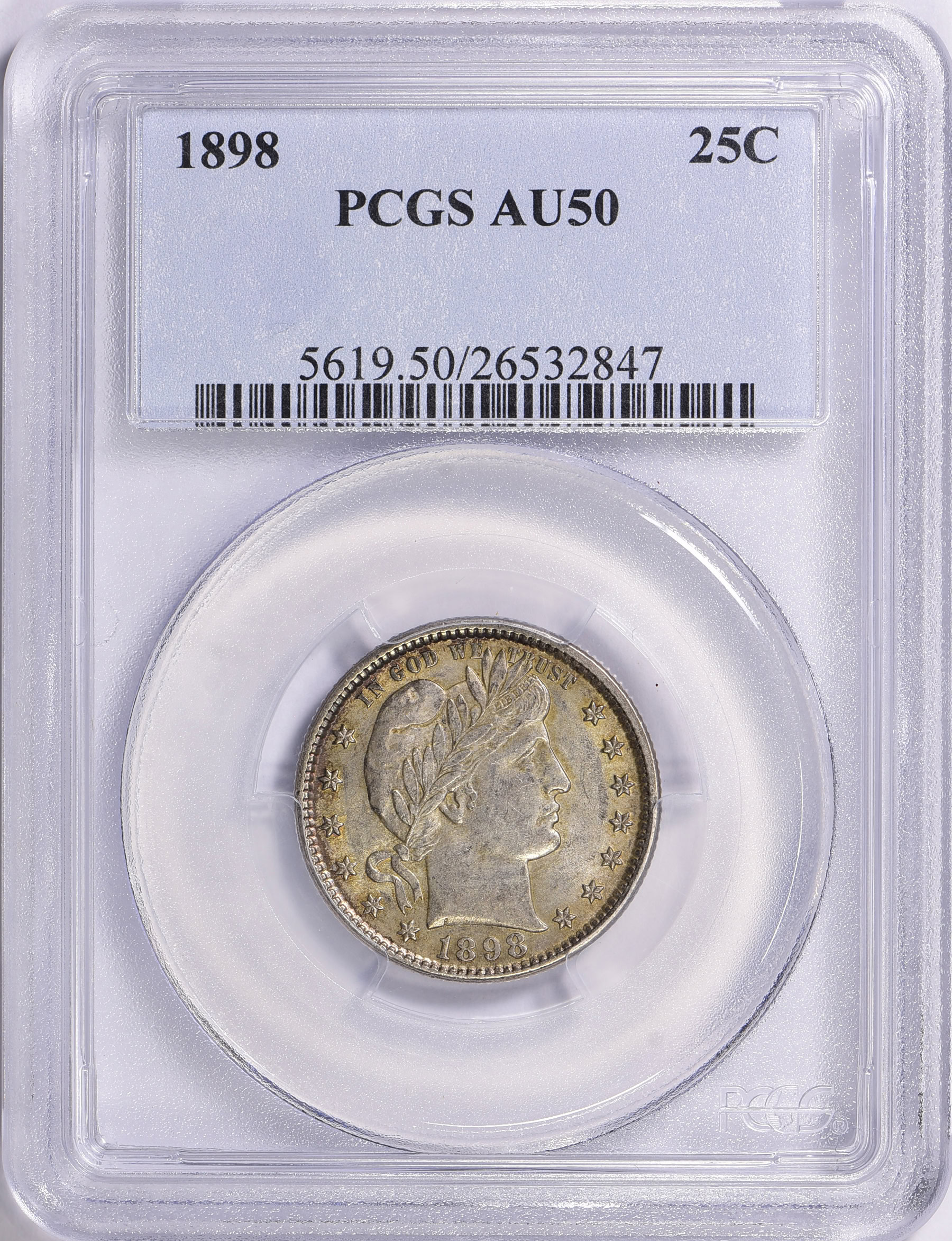 1898 Barber Quarter PCGS AU-50 (Toned) (Item 1751693) | GreatCollections Coin Auctions