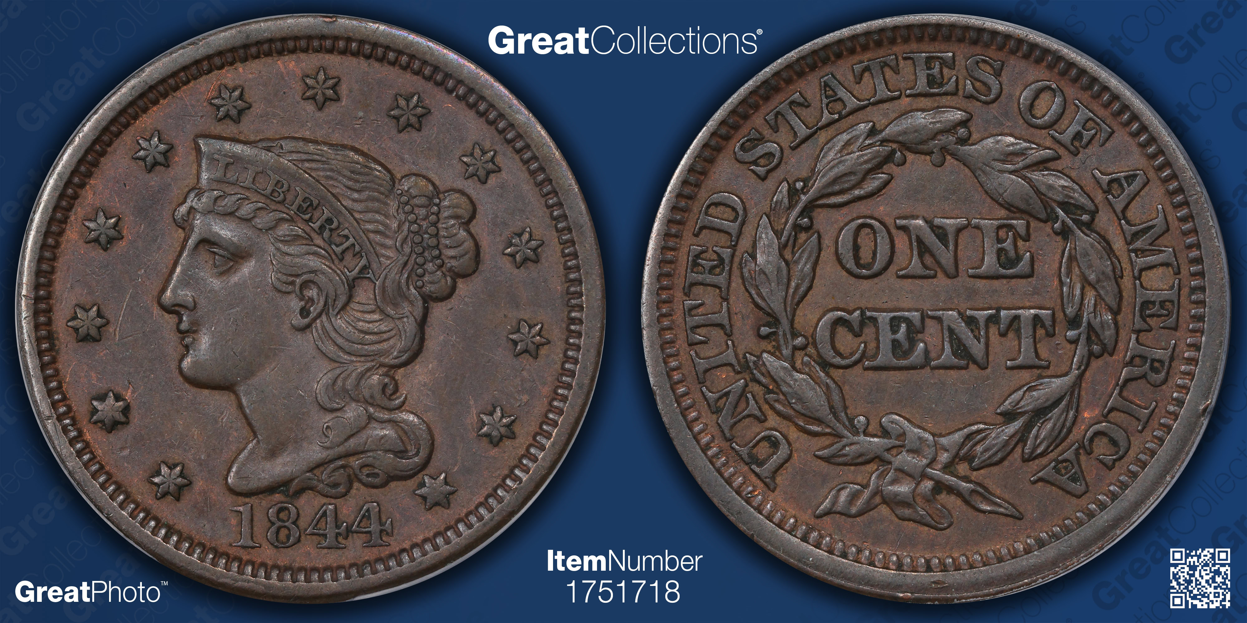 1844 Braided Hair Cent PCGS AU-50 BN (Item 1751718) | GreatCollections ...
