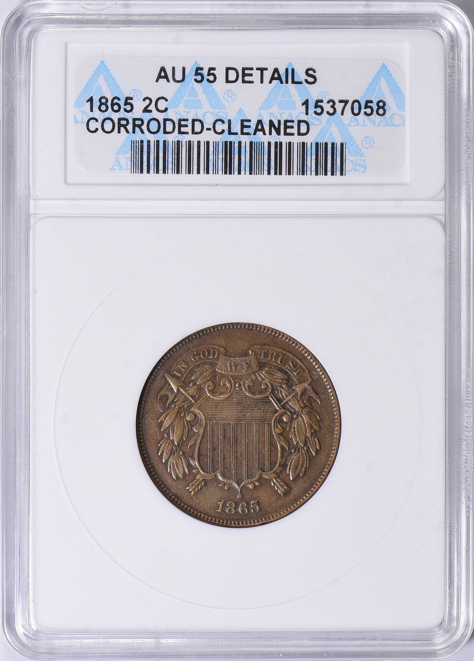 1865 Two-Cent Piece ANACS AU-55 OH Details (Item 1751882) | GreatCollections Coin Auctions