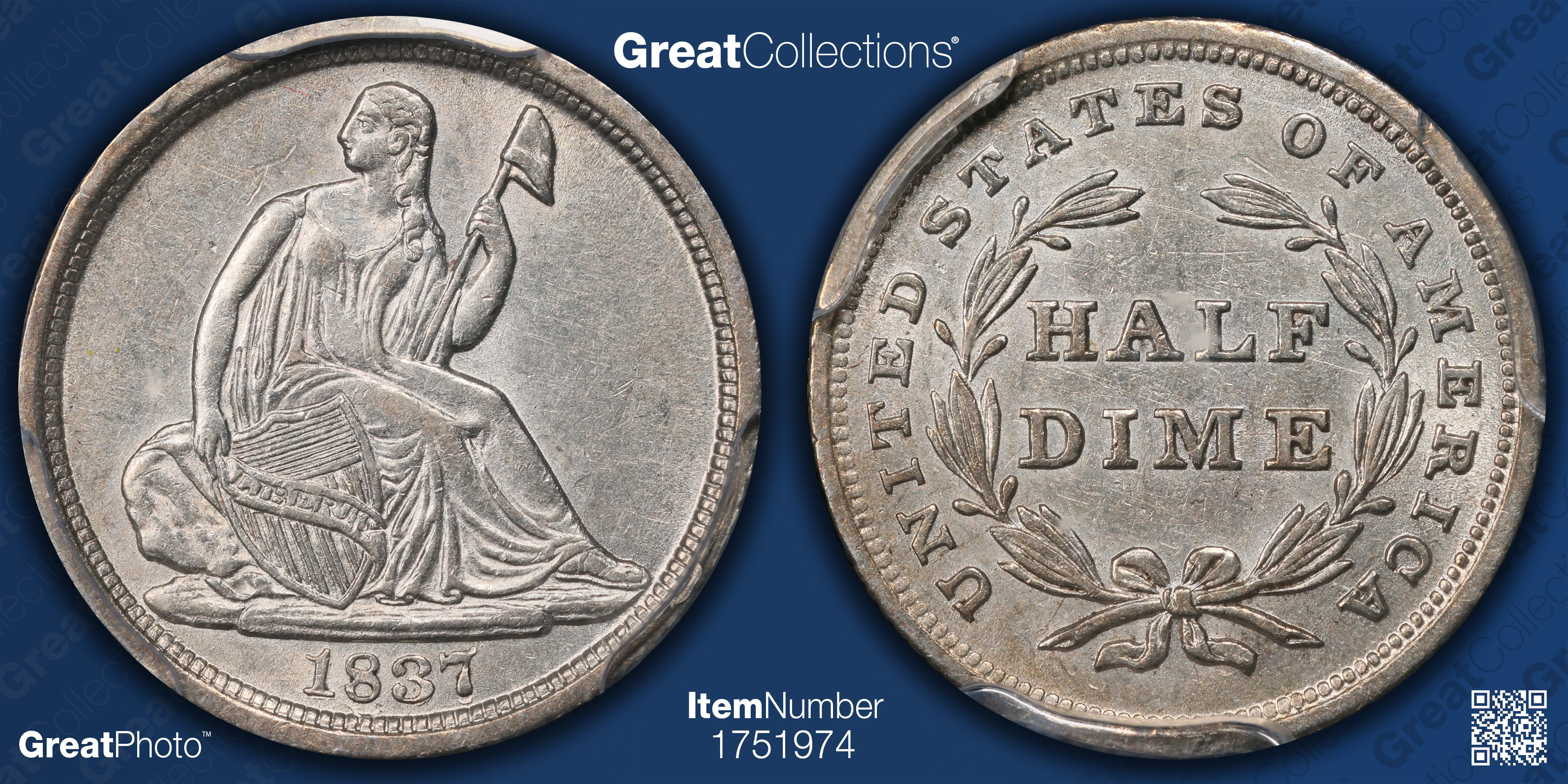1837 Seated Liberty Half Dime No Stars, Large Date PCGS AU-58 (Item ...