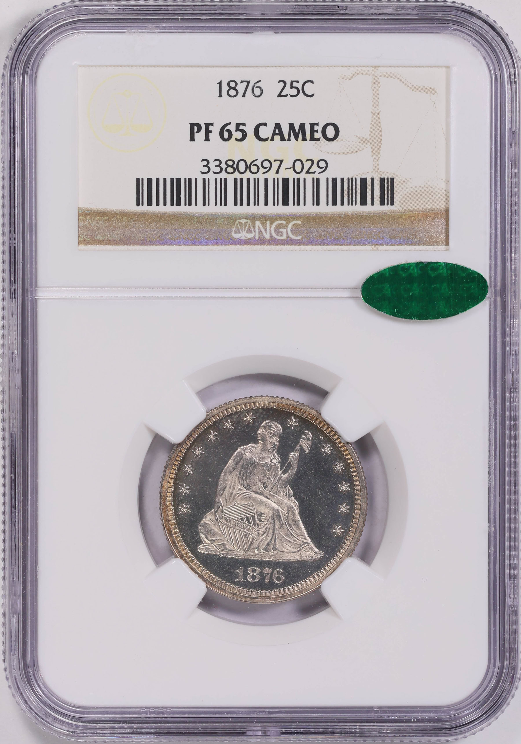 1876 Seated Liberty Quarter NGC Proof-65 CAMEO (CAC Green) (Item 1752184) | GreatCollections ...