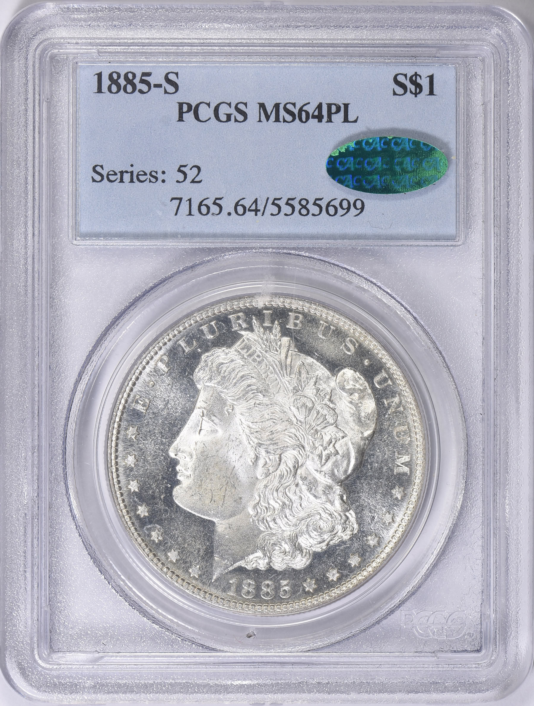 1885-S Morgan Silver Dollar PCGS MS-64 PL (CAC Green) (Item 1752188) | GreatCollections Coin ...