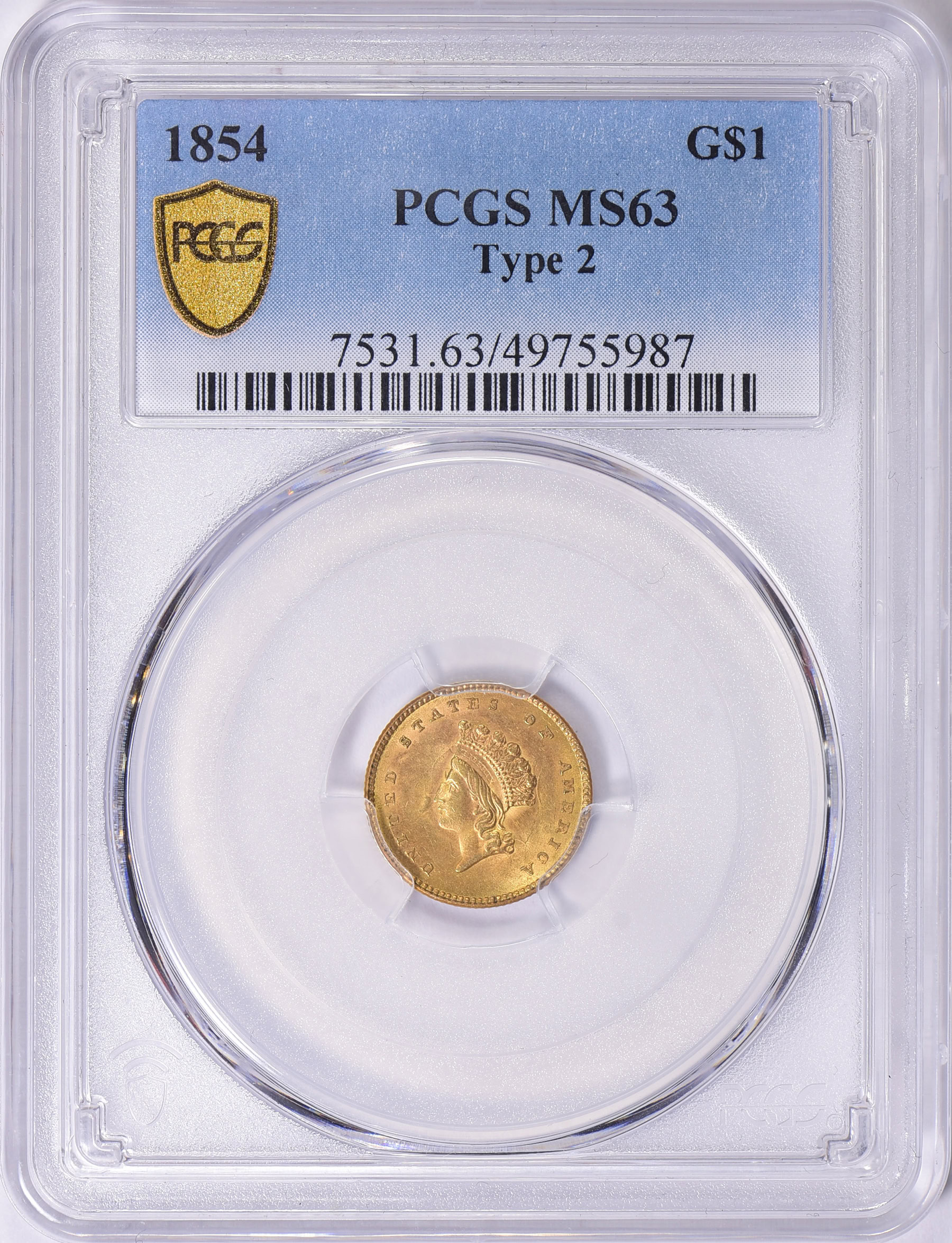 1854 Indian Princess Gold Dollar Type 2 PCGS MS-63 (Item 1752250) | GreatCollections Coin Auctions