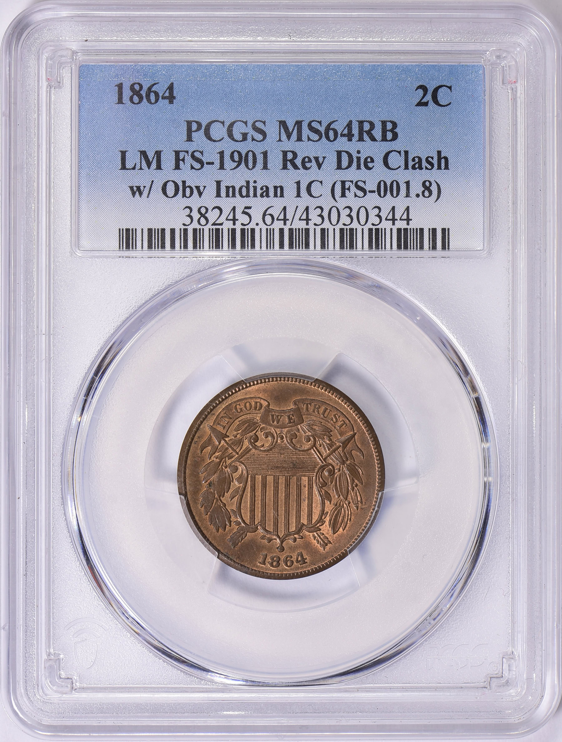 1864 Two-Cent Piece Large Motto, FS-1901 Reverse Die Clash with Obverse Indian 1c (FS-001.8 ...