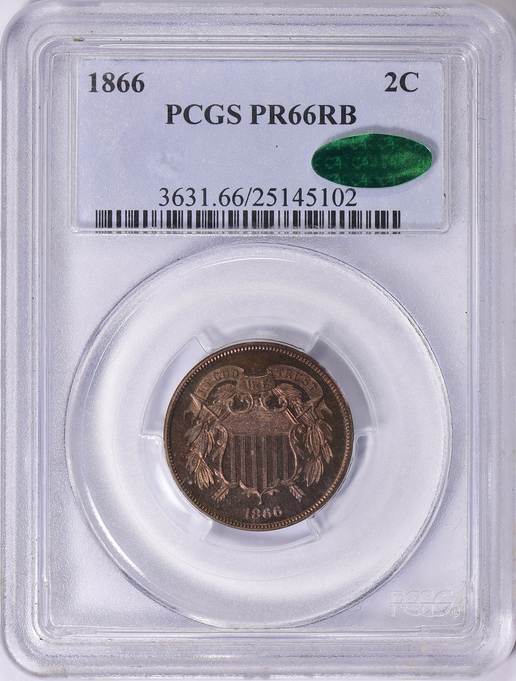 1866 Two-Cent Piece PCGS Proof-66 RB (CAC Green) (Item 1752270 ...