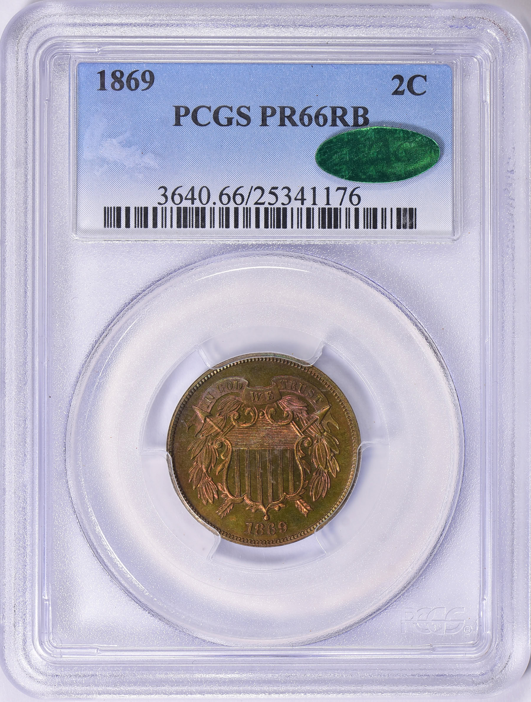 1869 Two-Cent Piece PCGS Proof-66 RB (CAC Green) (Toned) (Item 1752273) | GreatCollections Coin ...